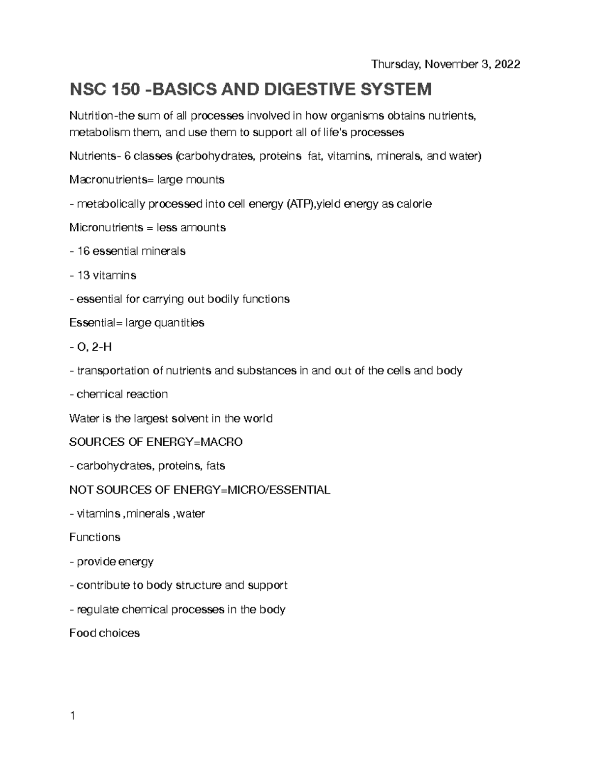 BASICS AND digestives SYSTEM - Thursday, November 3, 2022 NSC 150 ...