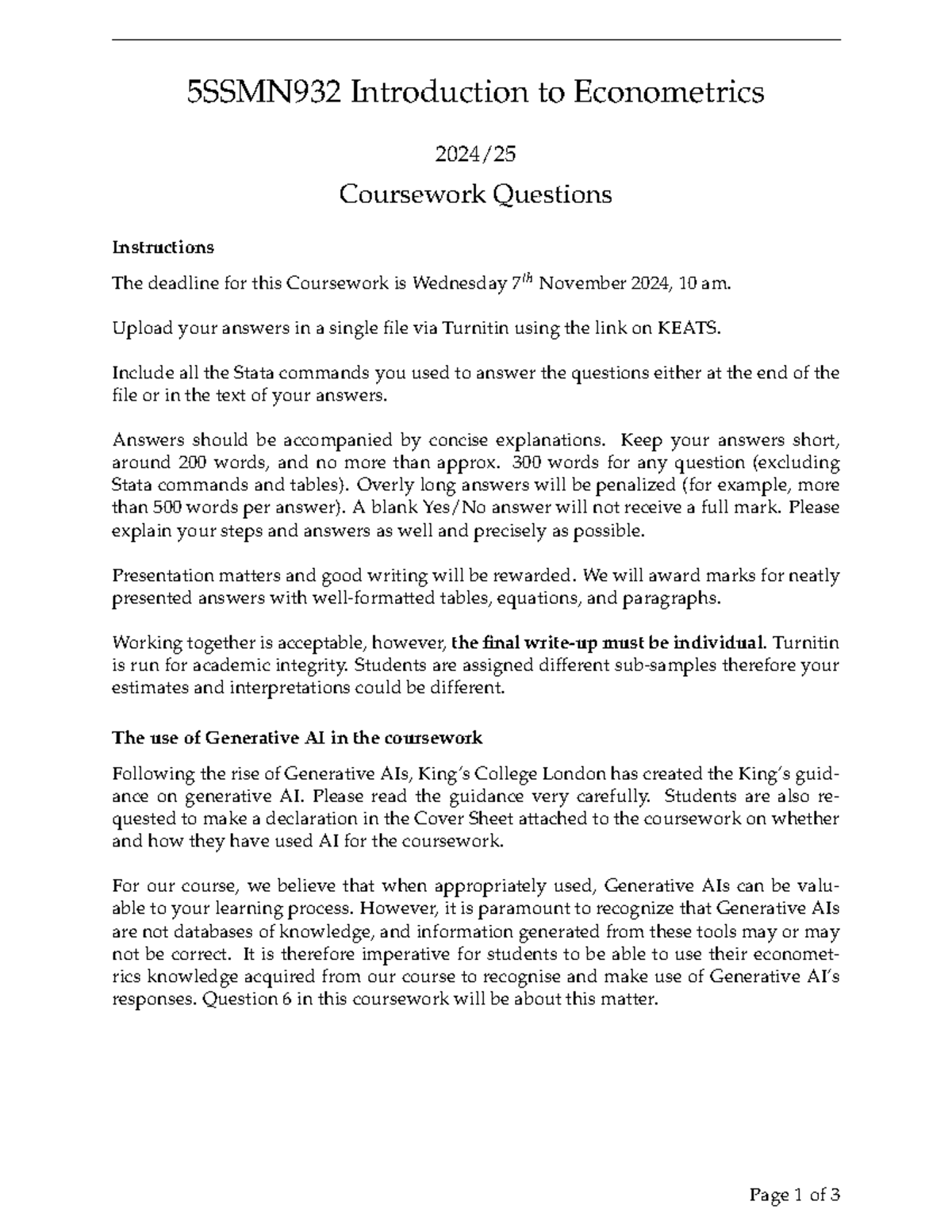 5SSMN932 Coursework 2024 25 - 5SSMN932 Introduction to Econometrics 2024/ Coursework Questions ...