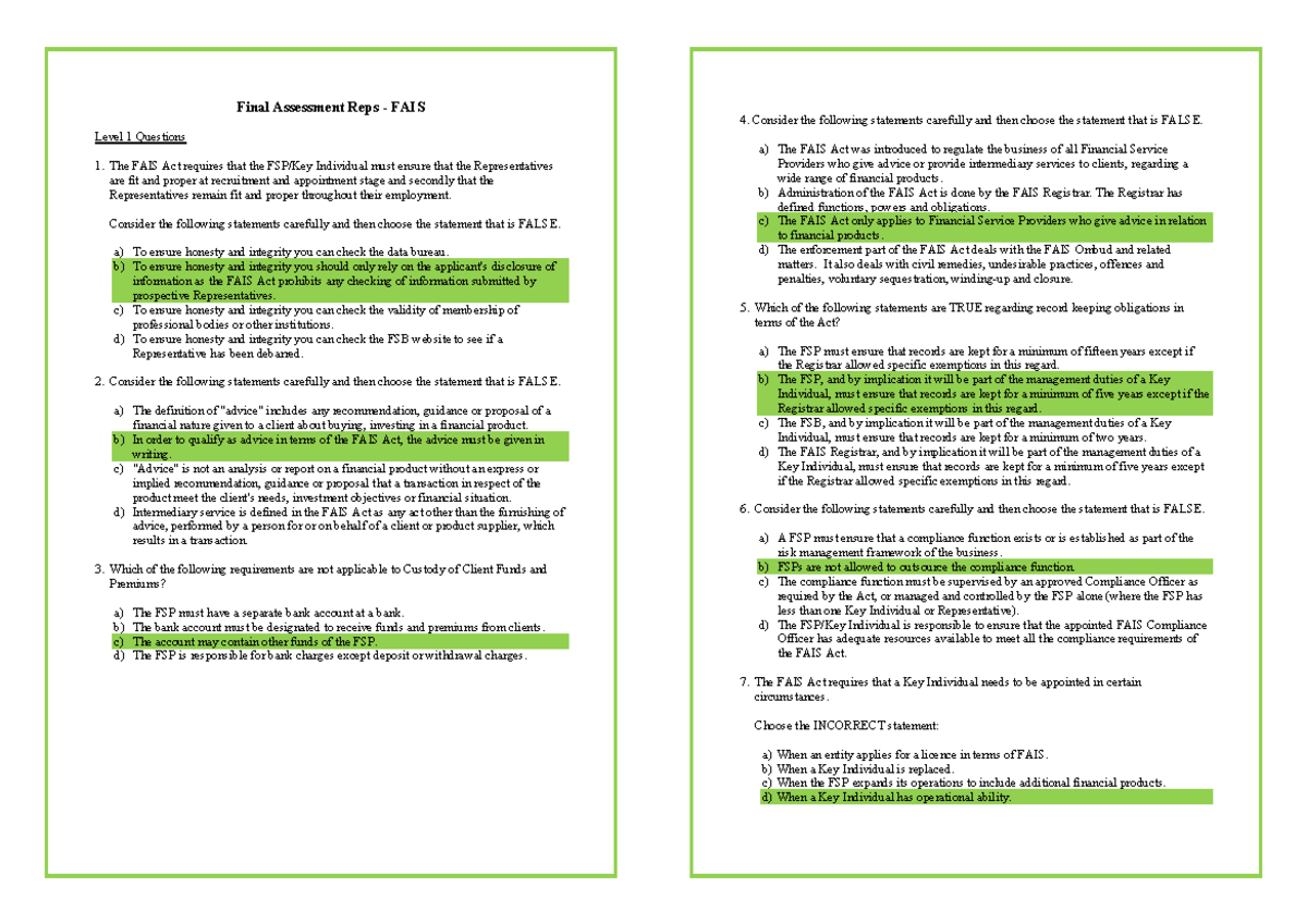 Bank of 500 Questions Answers (002) - Final Assessment Reps - FAIS ...