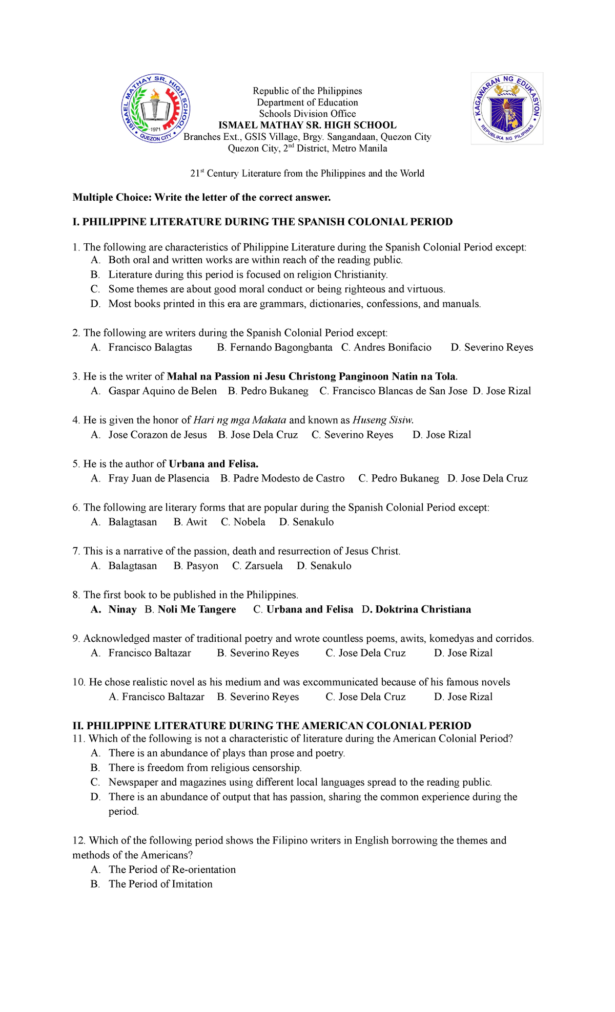 EXAM Final 2019 LIT - Diagnostic Test - Republic of the Philippines ...