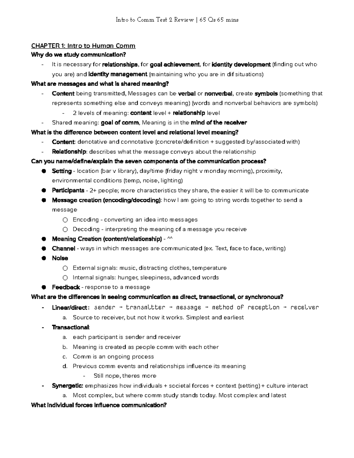 Comm Test 1 - Lecture notes 1 - CHAPTER 1: Intro to Human Comm Why do ...