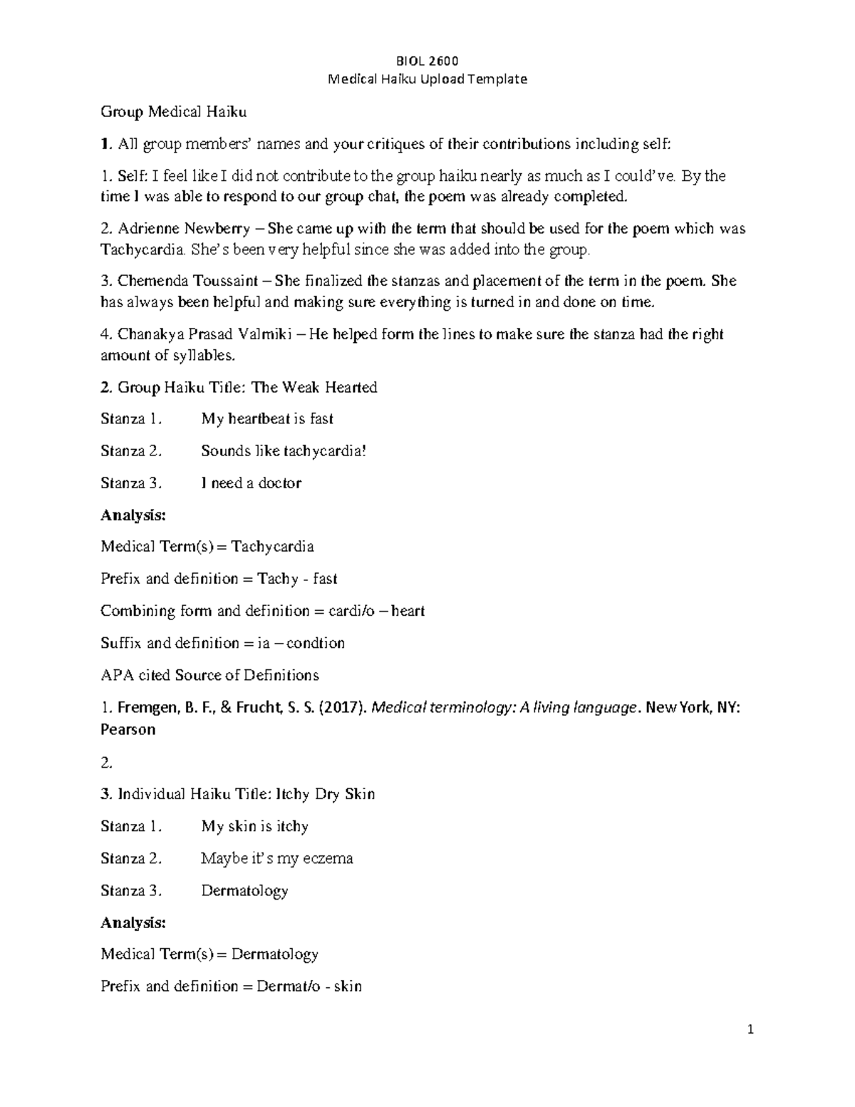 Medical Haiku Report - BIOL 2600 Medical Haiku Upload Template 1 Group ...