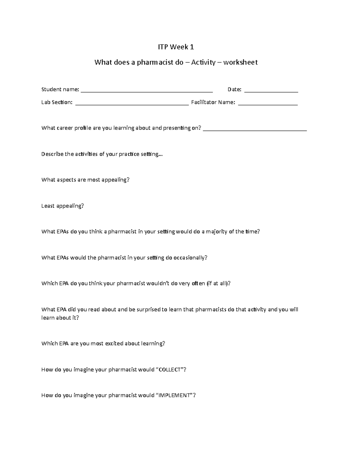 What does a pharmacist do Activity worksheet - ITP Week 1 What does a ...