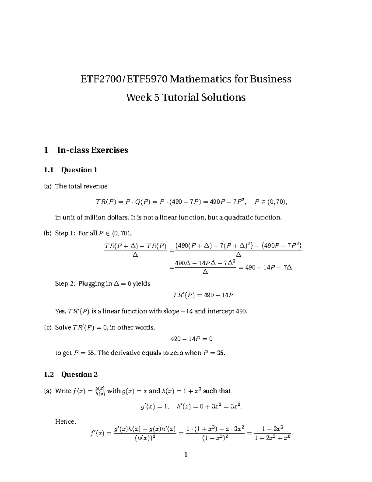 Mathematics for Business Week 5 Tutorial Solutions - Studocu