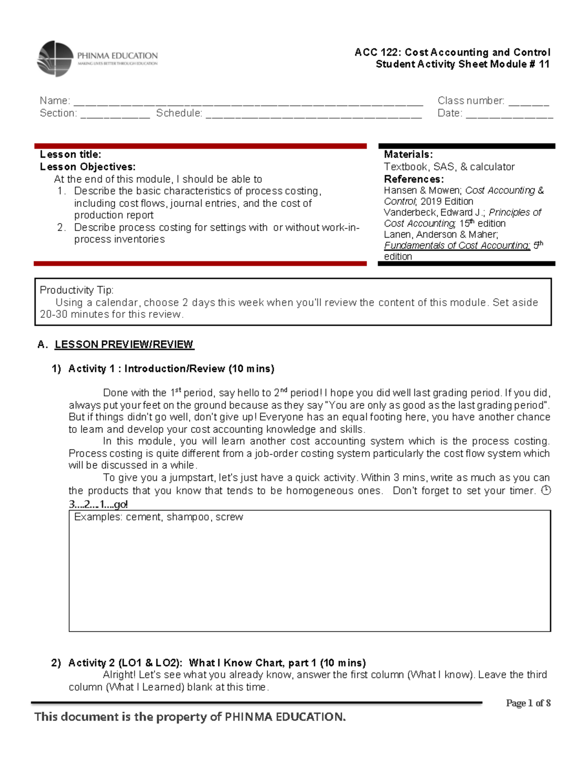 ACC 122 SAS DAY 11 - Cost Accounting and Control SAS - Student Activity Sheet Module # 11 Name ...