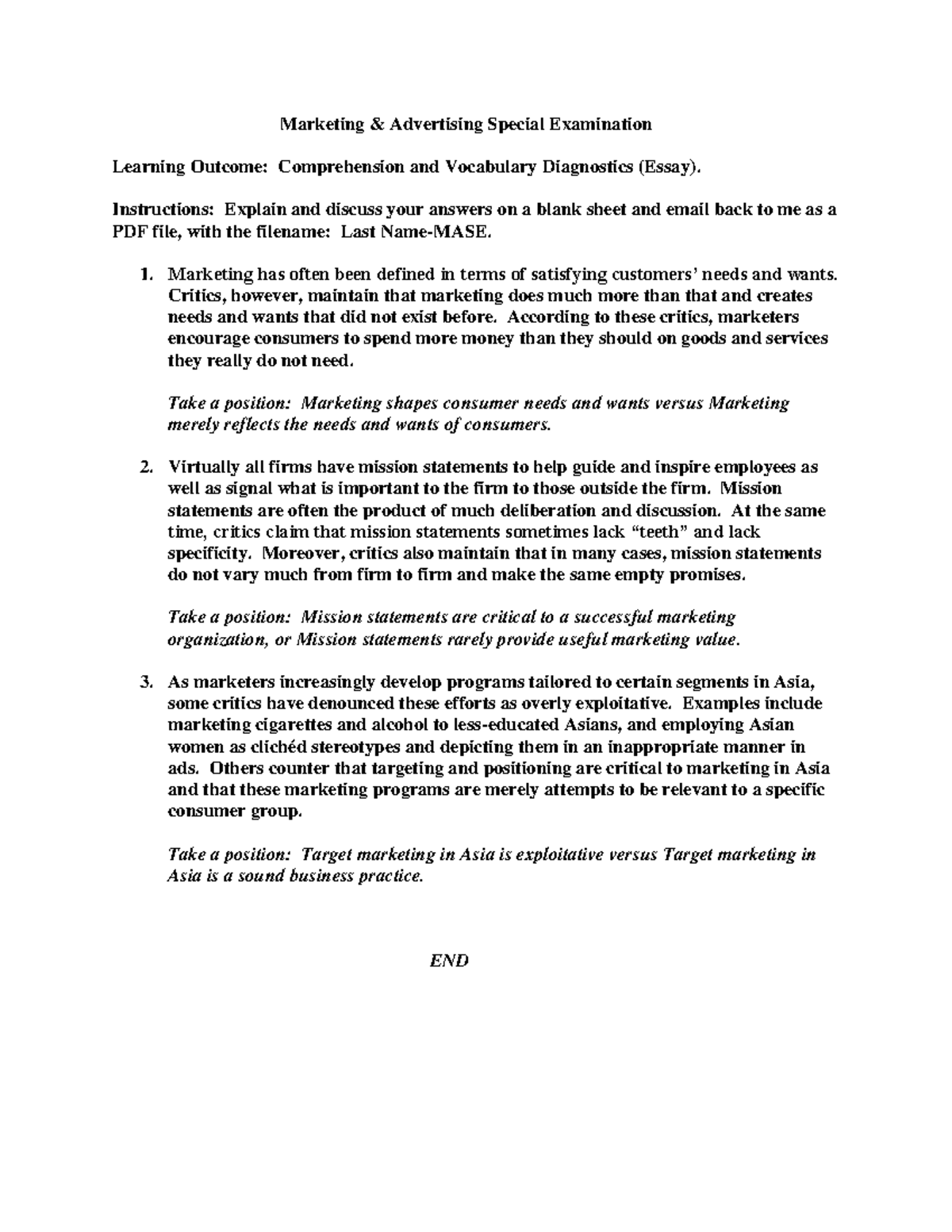 Marketing & Advertising Exam - Marketing & Advertising Special ...