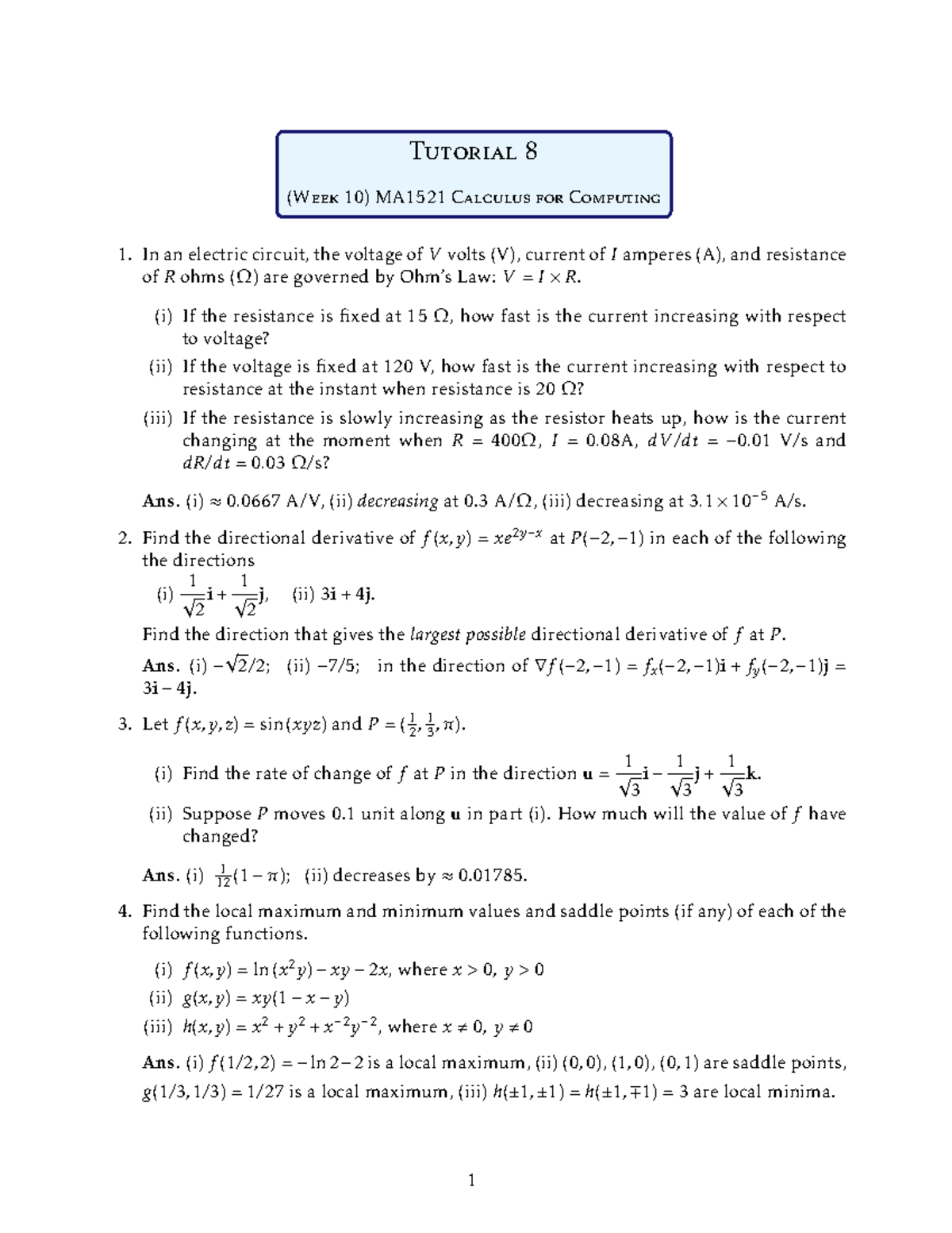 Tutorial 8 - Tutorial 8 (Week 10) MA1521 Calculus for Computing In an electric circuit, the ...