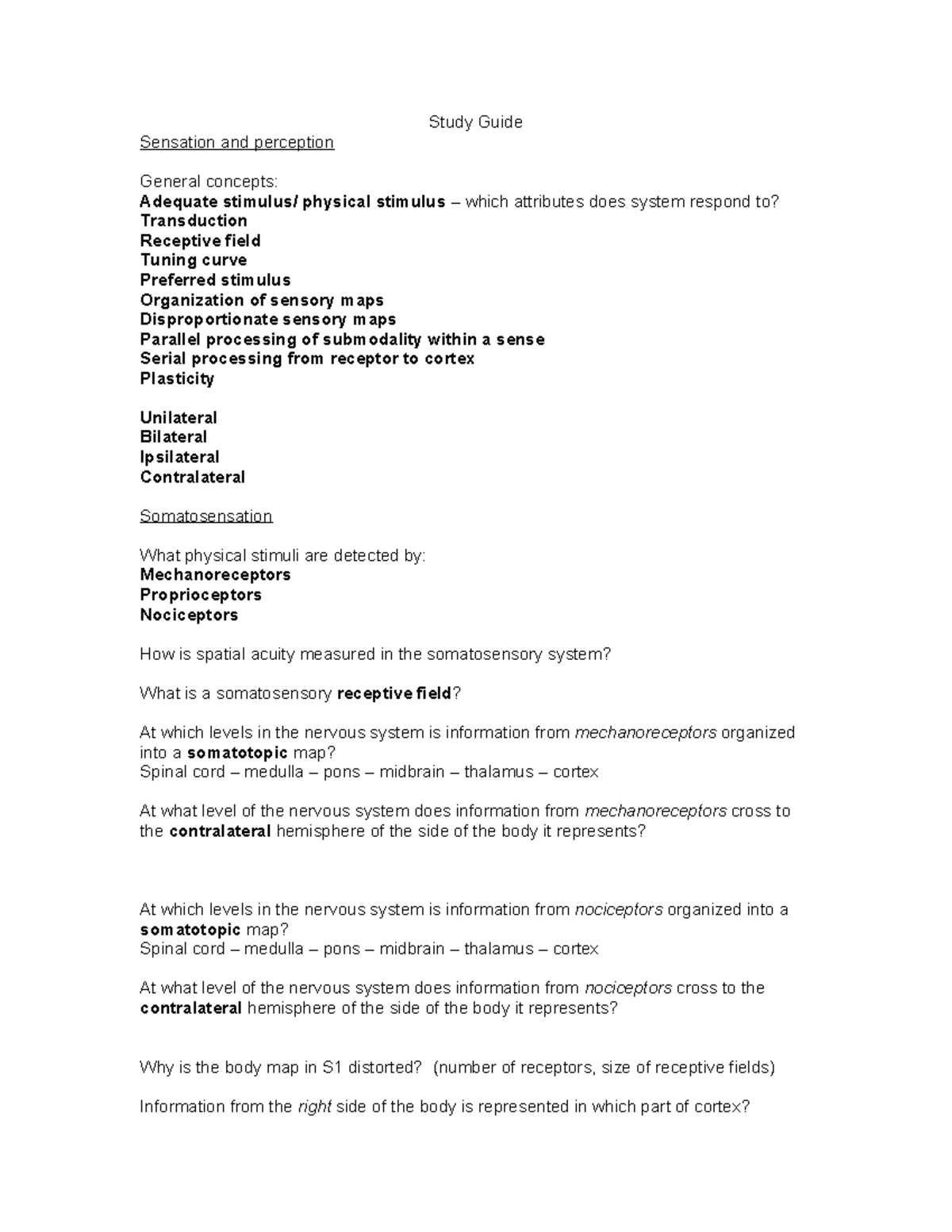 Exam 1 - Study guide - Study Guide Sensation and perception General ...