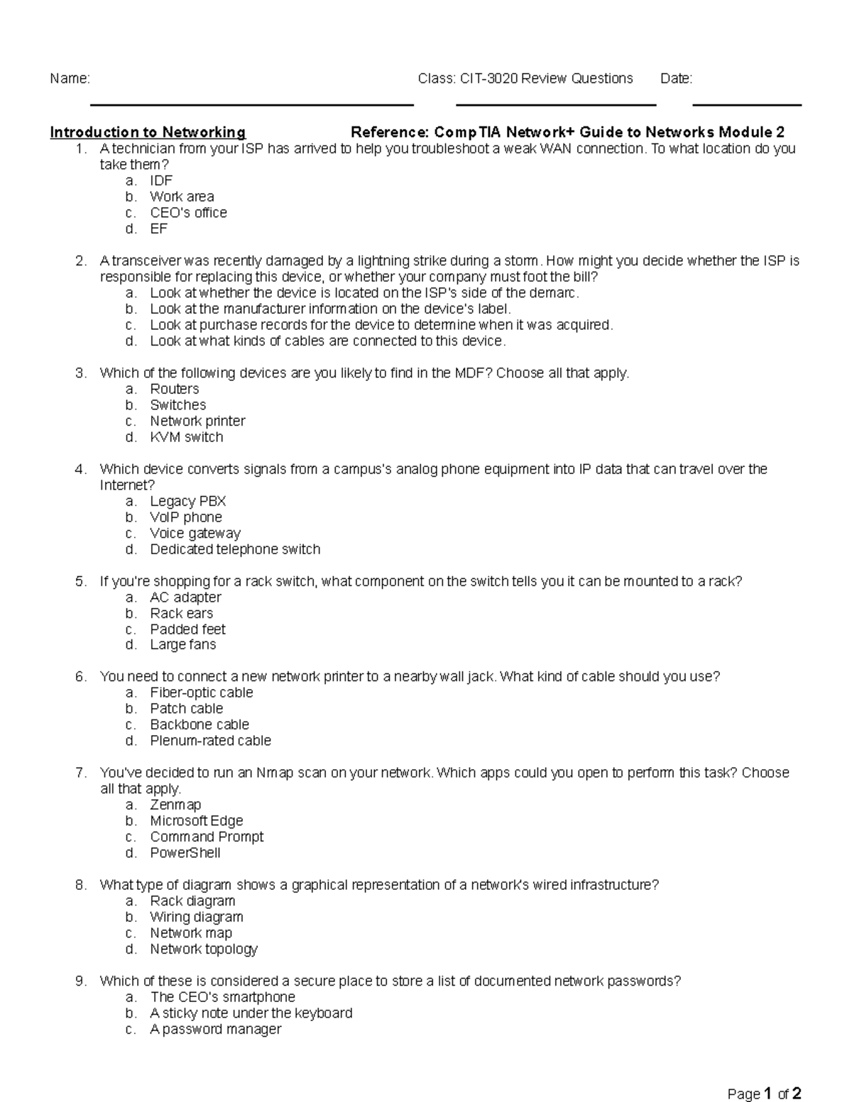 Module 2 Review Questions - Name: Class: CIT-3020 Review Questions Date ...