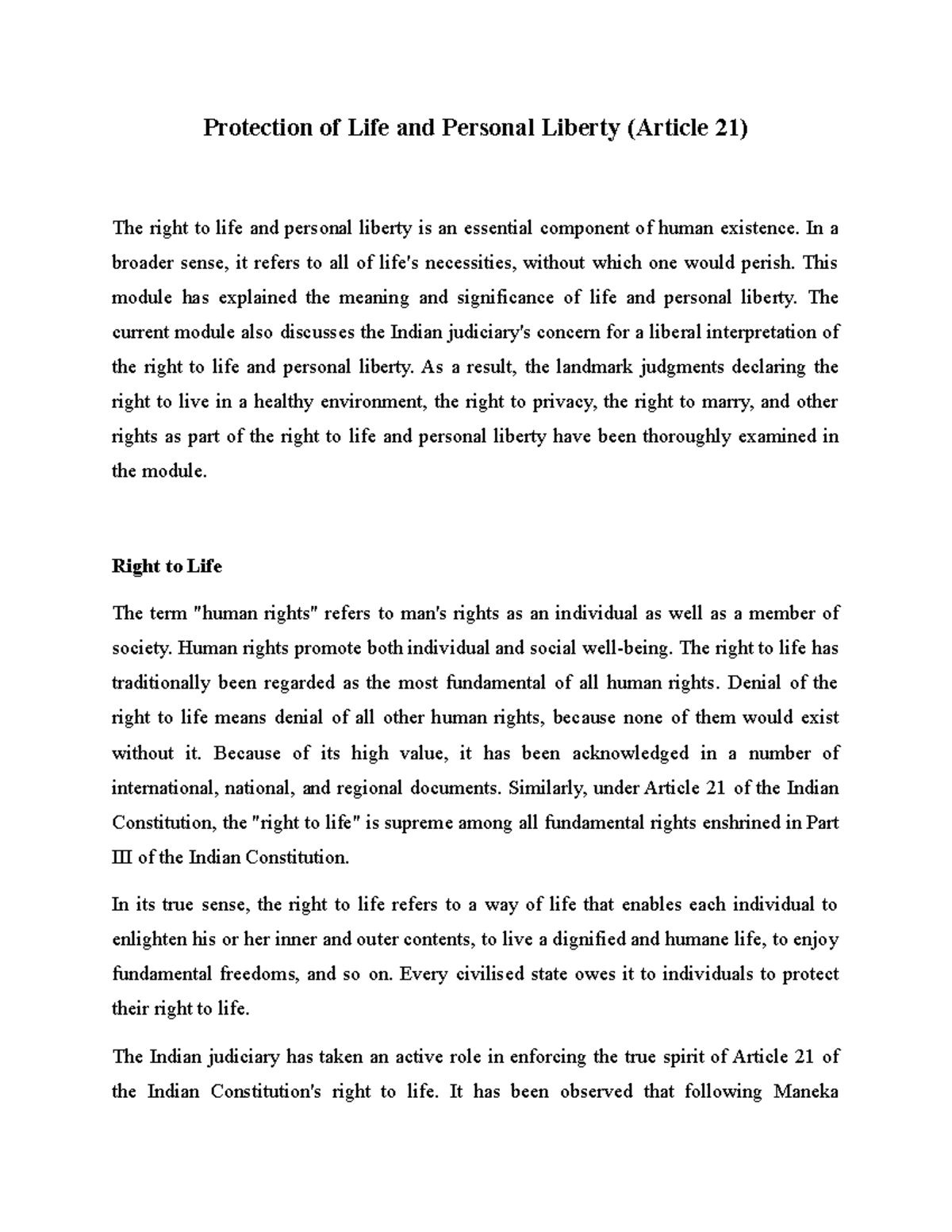 Protection of Life and Personal Liberty - In a broader sense, it refers ...