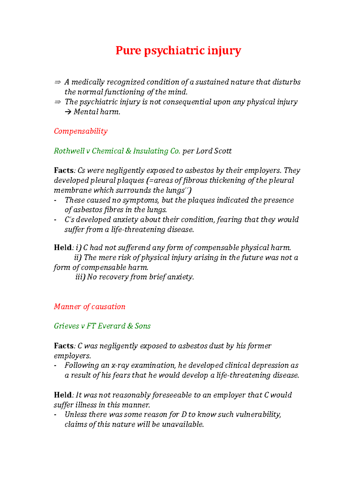 Psychiatric injury- notes - Pure psychiatric injury A medically ...