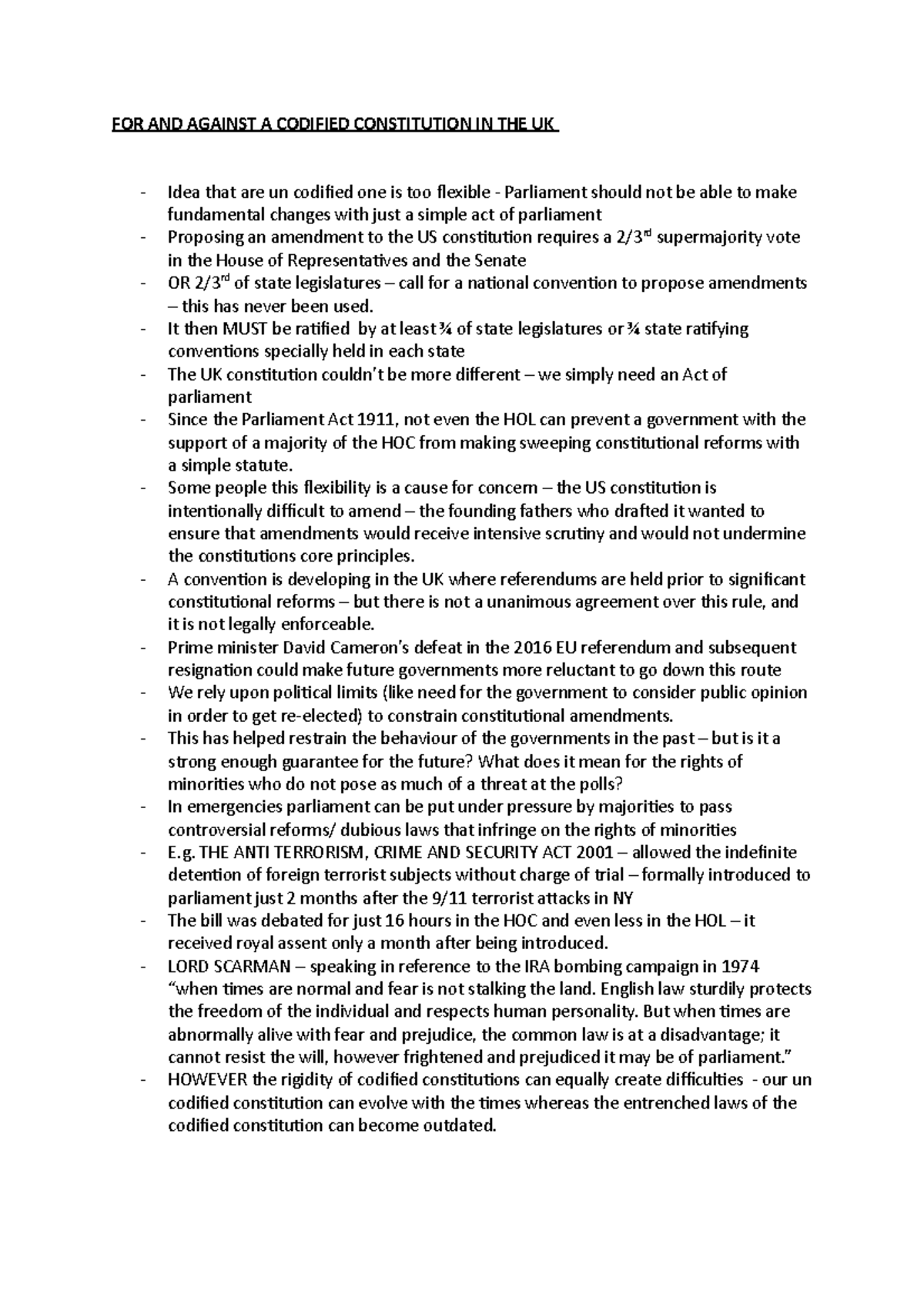 Codified Notes Public Law FOR AND AGAINST A CODIFIED CONSTITUTION