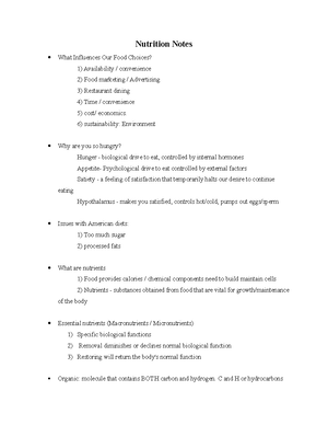 Nutrition Notes 2 - Nutrition Notes Cells, Tissues, and Organs o A 1 ...