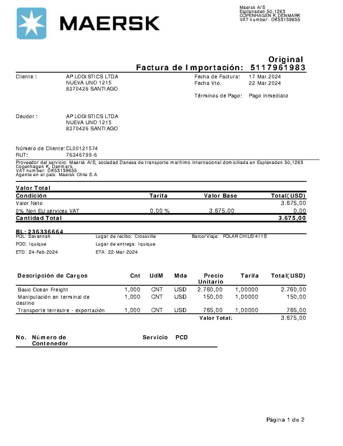Invoice Maersk 5117961983 - Original Maersk A/S Esplanaden 50 ...