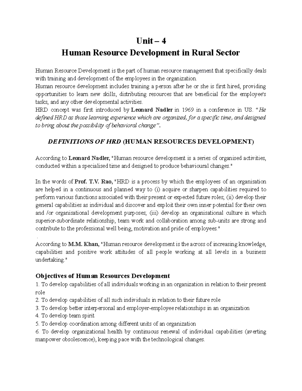 Unit 4 Human Resource Development In Rural SectorUnit 4 Human