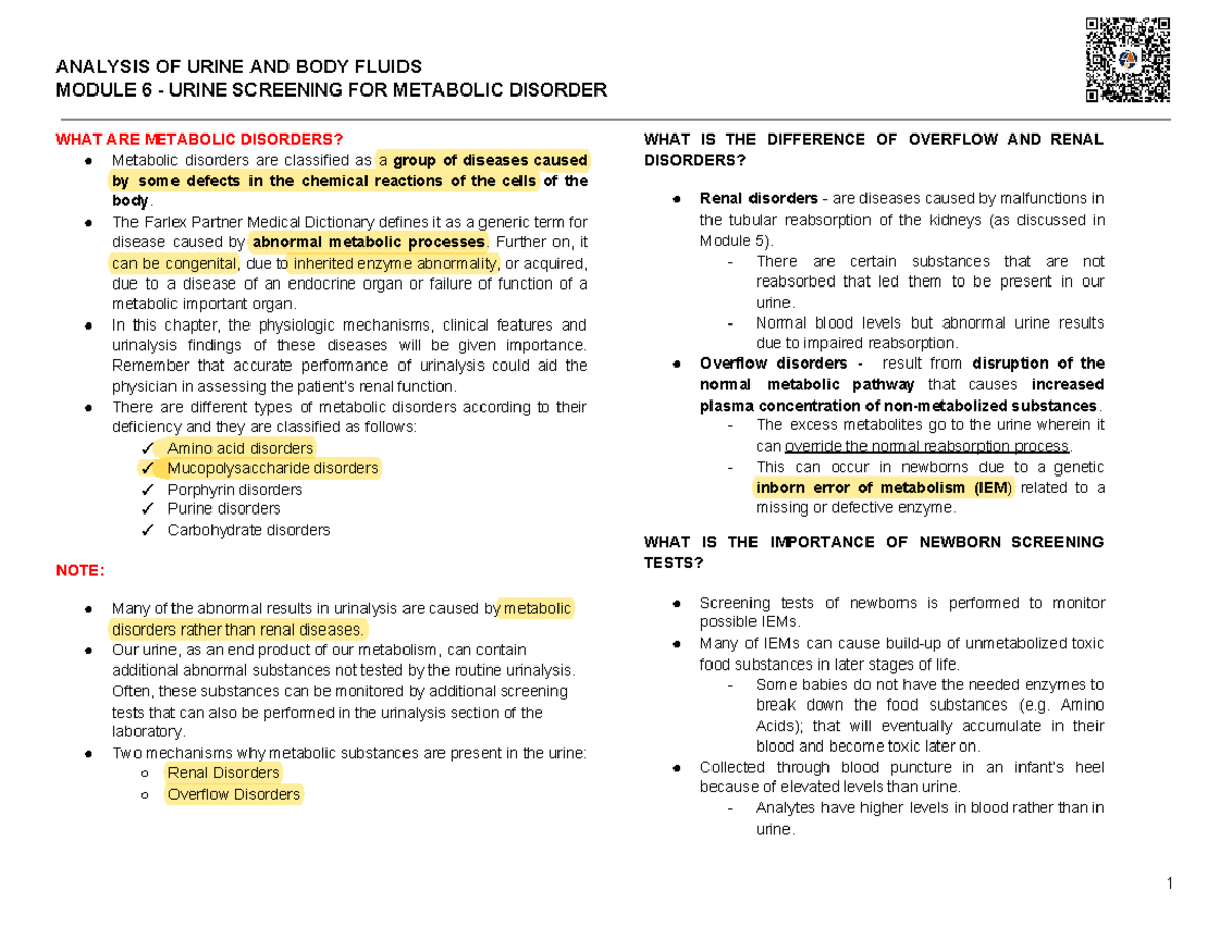 AUBF-LEC- Module 6 - URINE SCREENING FOR METABOLIC DISORDER - MODULE 6 ...
