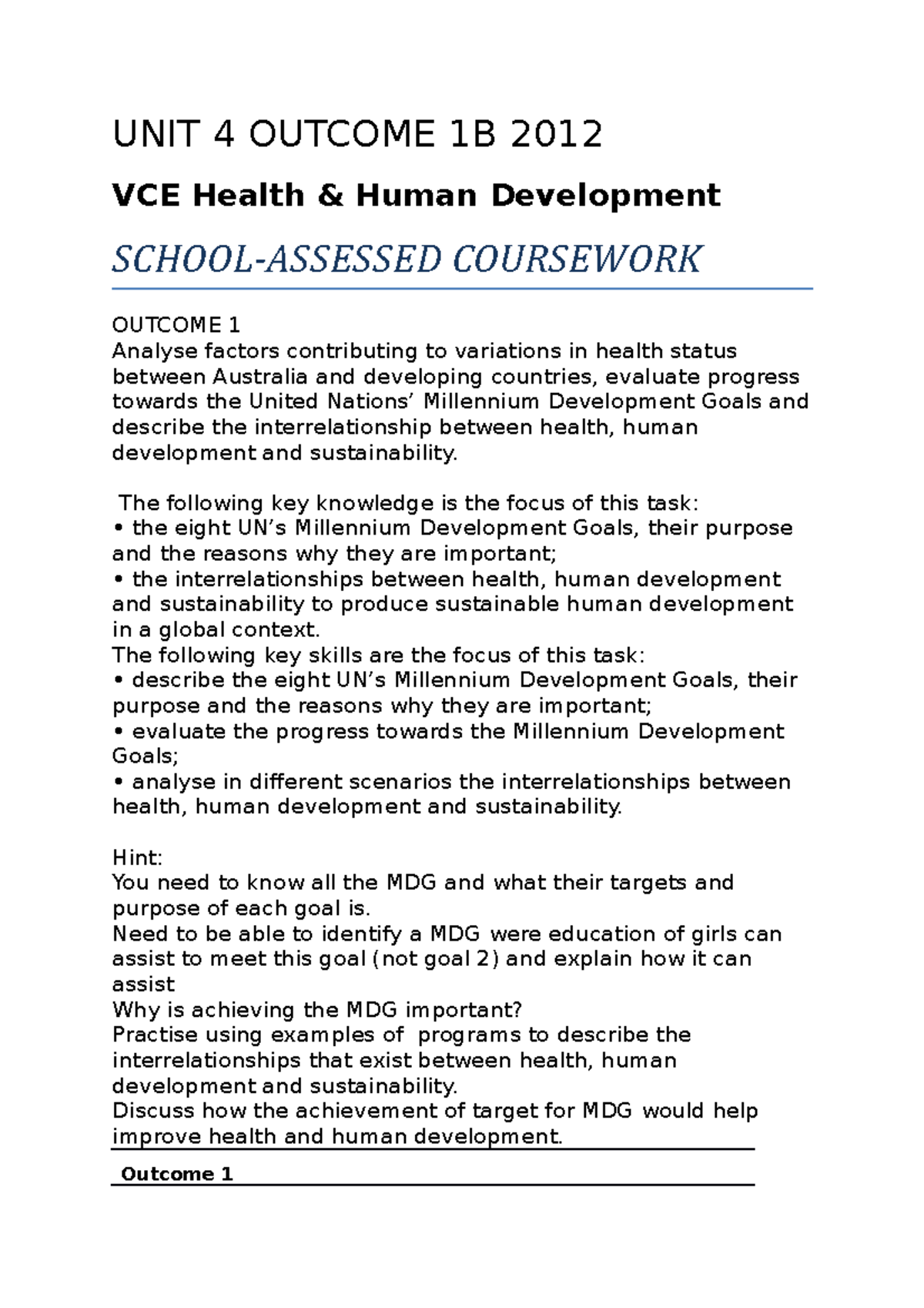 Unit 4 outcome 1b 2012 prep - HLTH 1029 - UniSA - Studocu