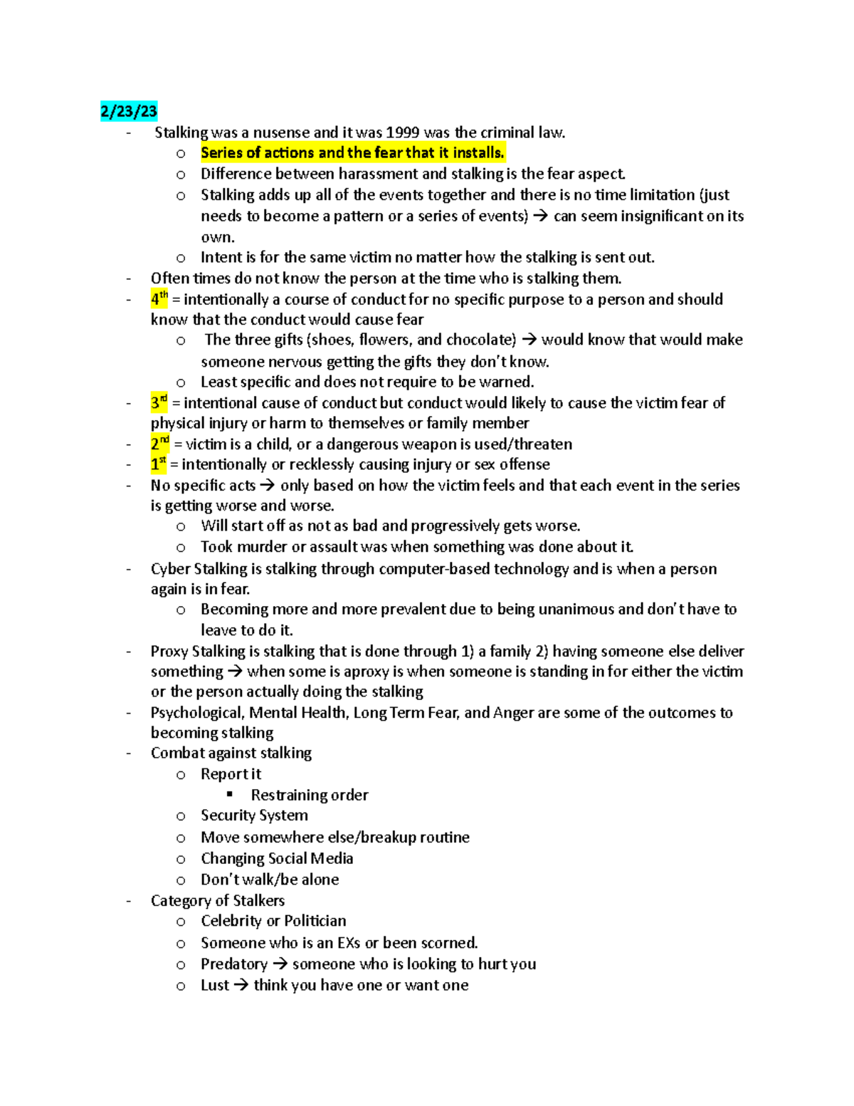 Stalking and Rape Laws Notes - 2/23/ Stalking was a nusense and it was ...