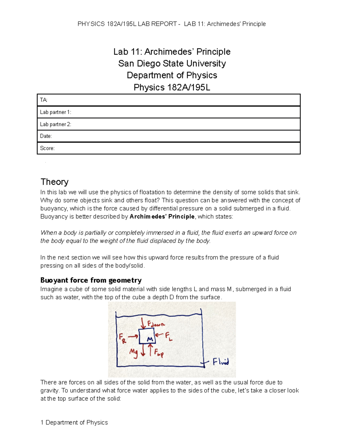 Lab 11 Archimedes' Principle - PHYSICS 182A/195L LAB REPORT - LAB 11: Archimedes’ Principle Lab ...