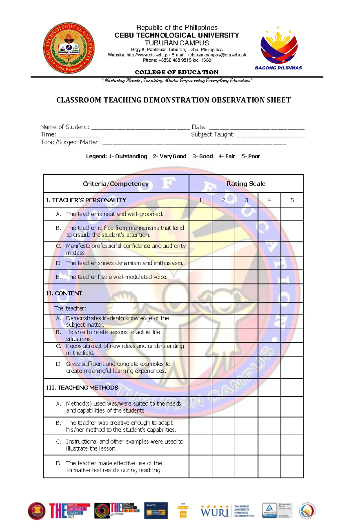 Demo-Observation-Sheet - Republic of the Philippines CEBU TECHNOLOGICAL ...