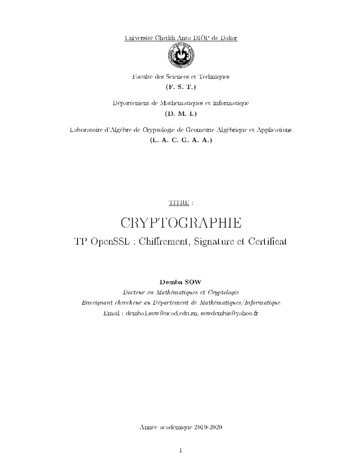 TP Open SSL v1 - tp cryptographie - Université Cheikh Anta DIOP de Dakar Faculté des Sciences et ...