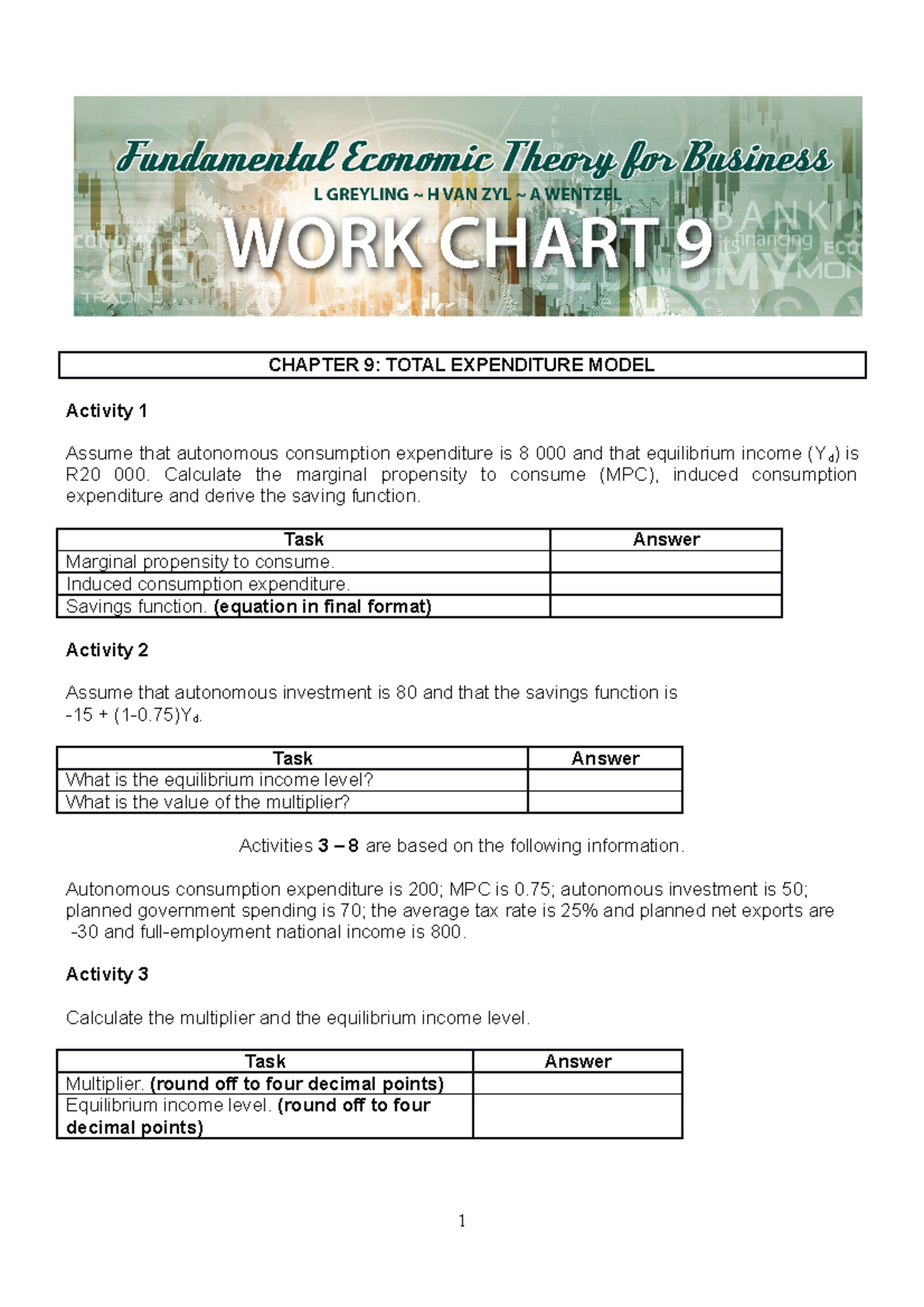 Work Chart 9 - prctice - CHAPTER 9: TOTAL EXPENDITURE MODEL Activity 1 ...