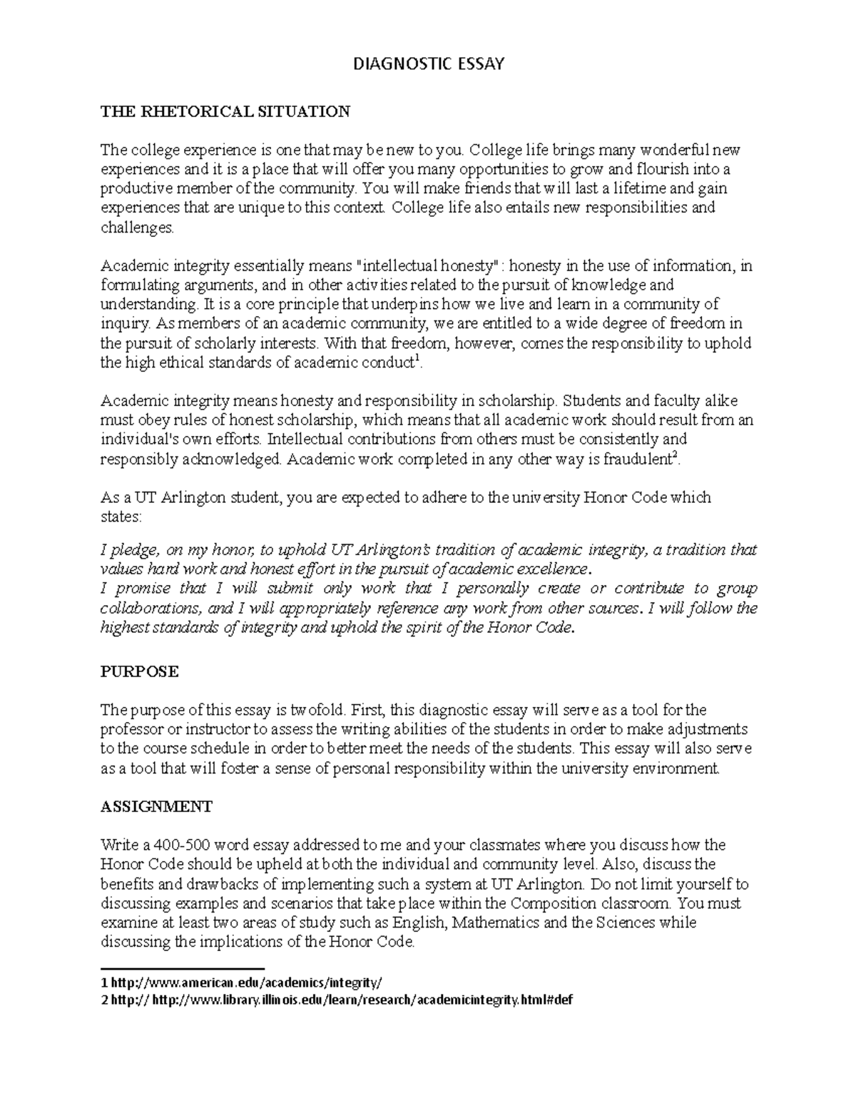 Diagnostic Essay Prompt 1301 Personal Responsibility DIAGNOSTIC ESSAY