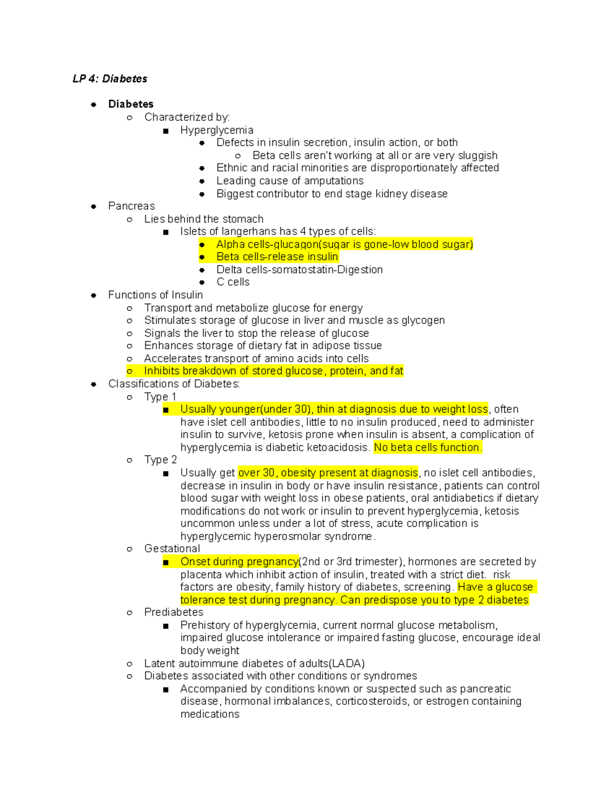 Exam 3 LP 4 and 5 - diabetic notes - LP 4: Diabetes Diabetes ...