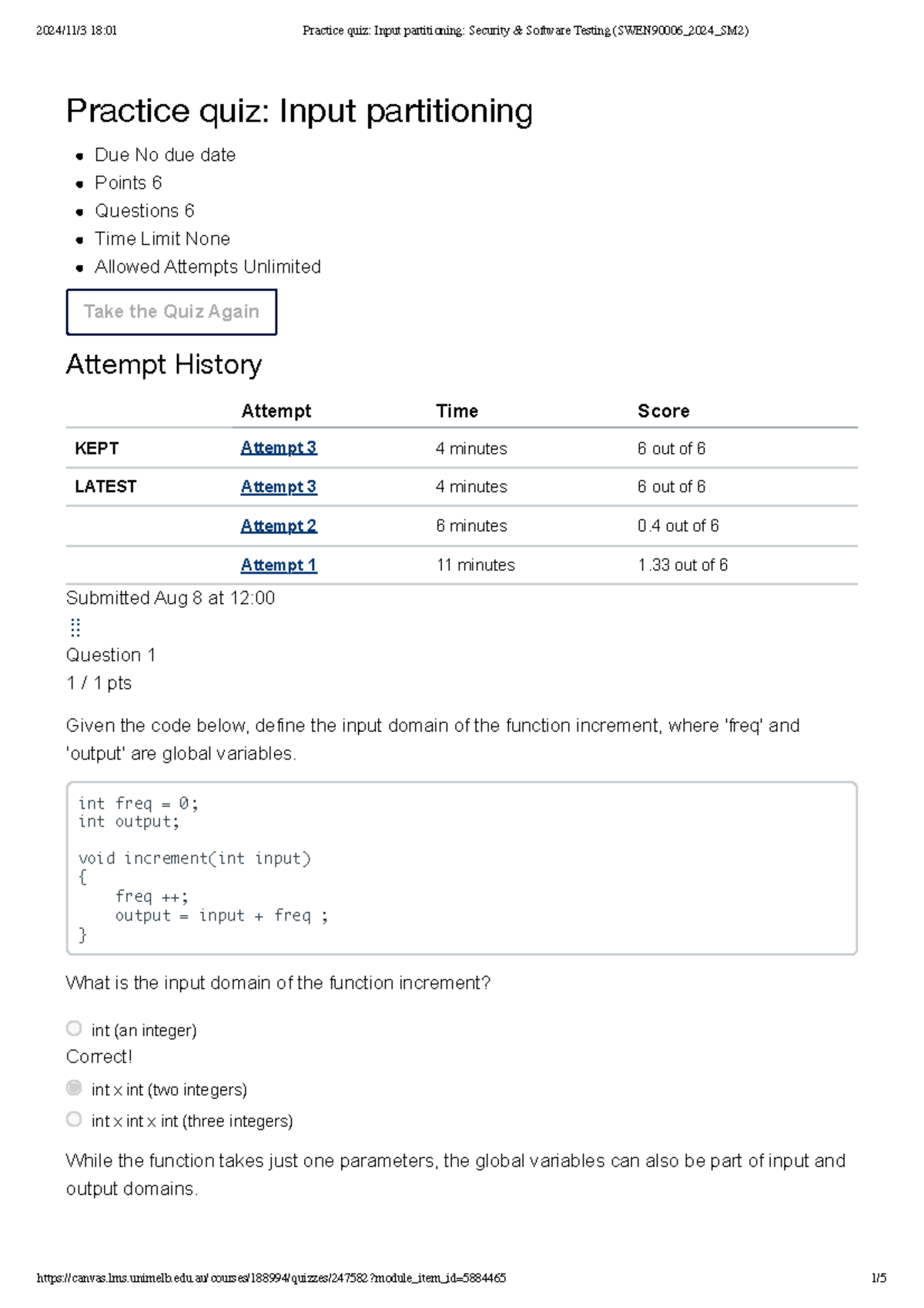 Practice Quiz Input Partitioning Security And Software Testing Swen90006 2024 Sm2 Practice