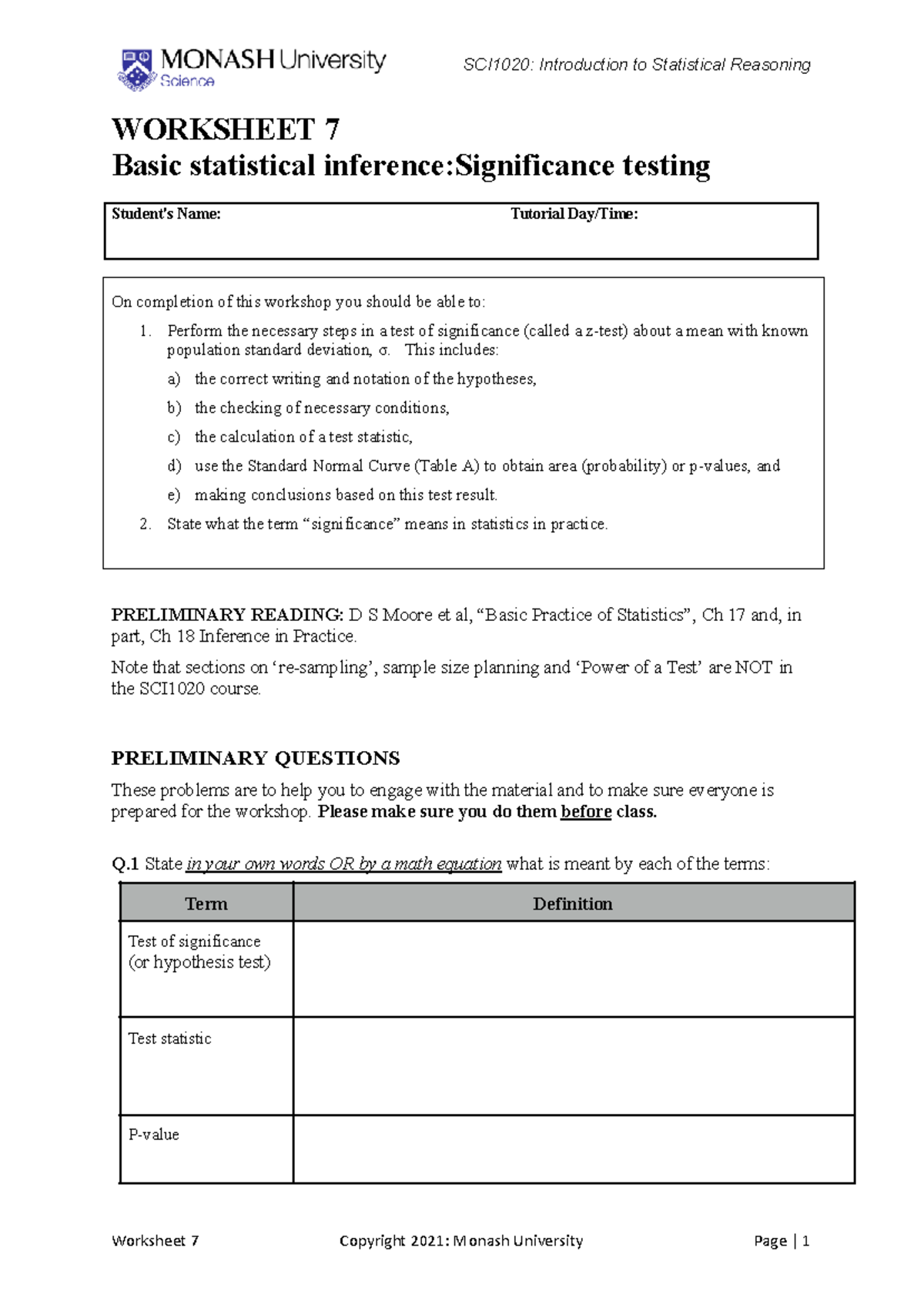 Worksheet 7 Basic Statistical Inference Significance Testing Sci1020 Introduction To