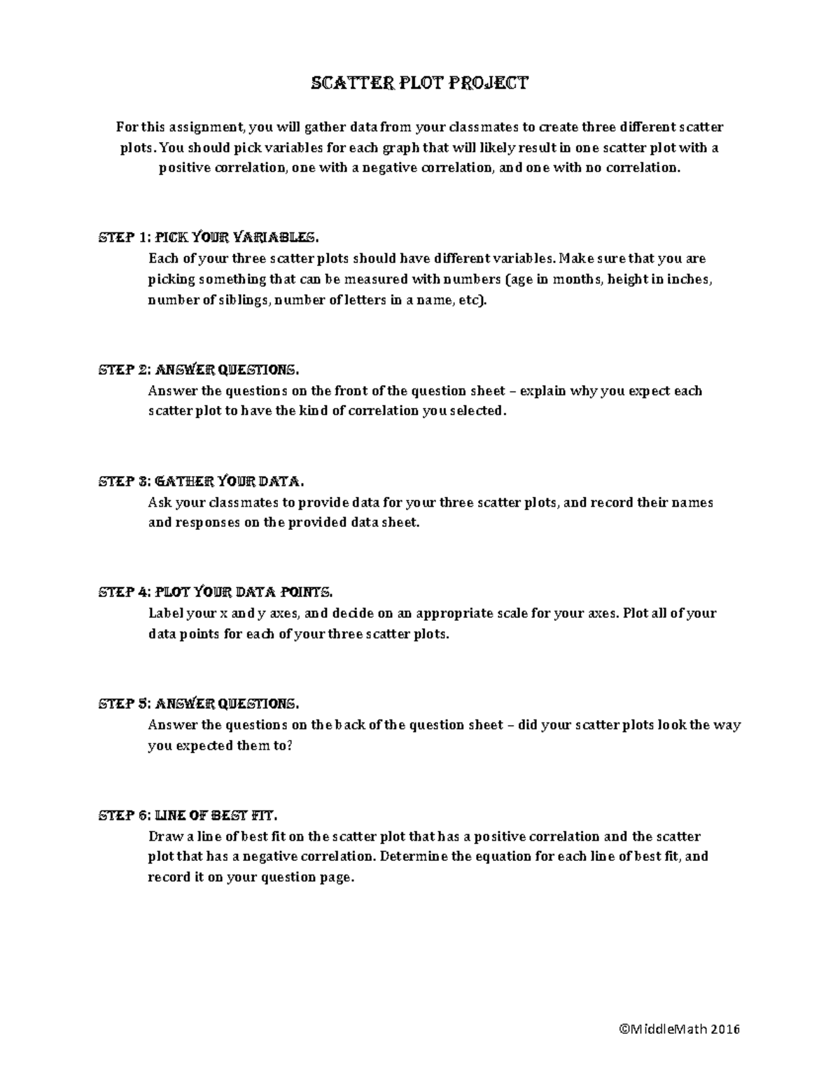 8th grade math february break - scatter plot project For this ...
