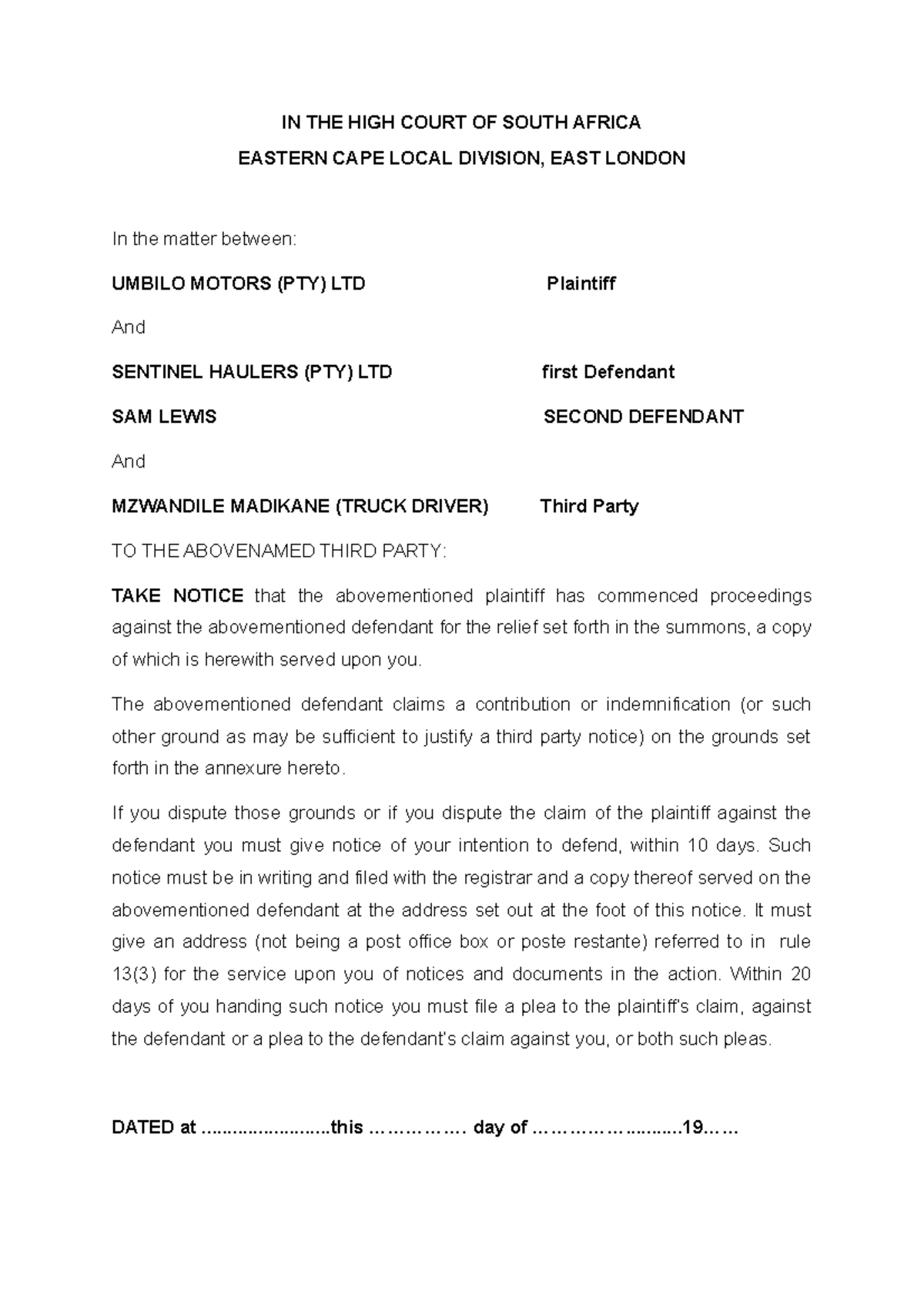 NOTICE TO OPPOSE RULE 28 APPLICATION - IN THE HIGH COURT OF SOUTH ...