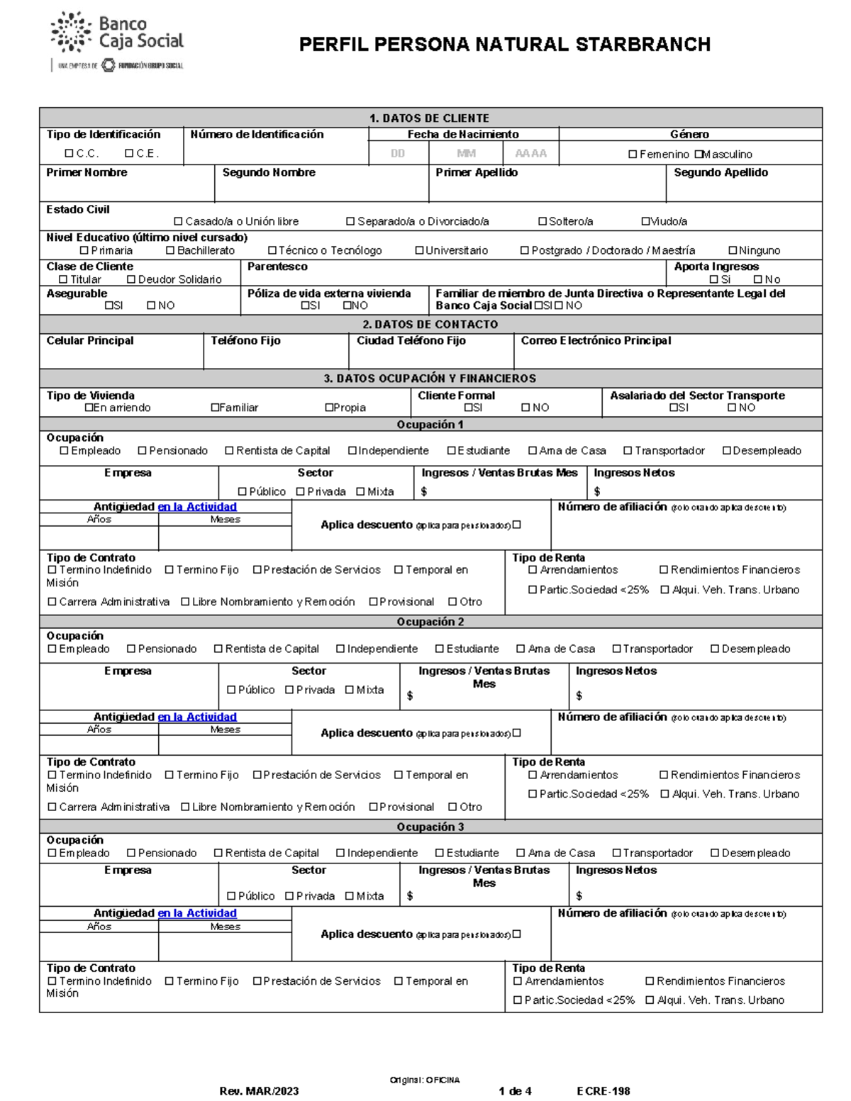 Perfil Persona Natural Starbranch ECRE 198 - 1. DATOS DE CLIENTE Tipo ...