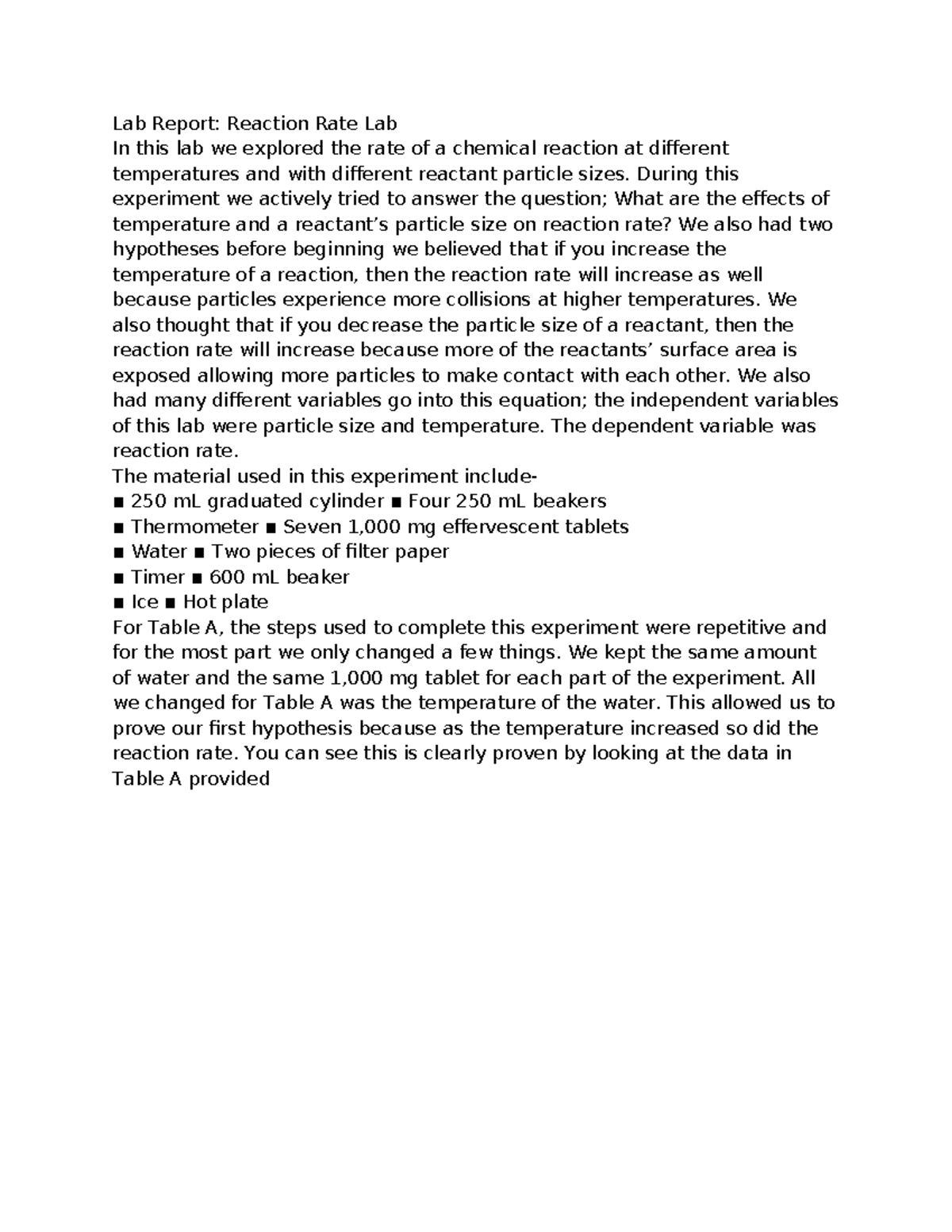 Document 5 - Lab Report: Reaction Rate Lab In this lab we explored the ...