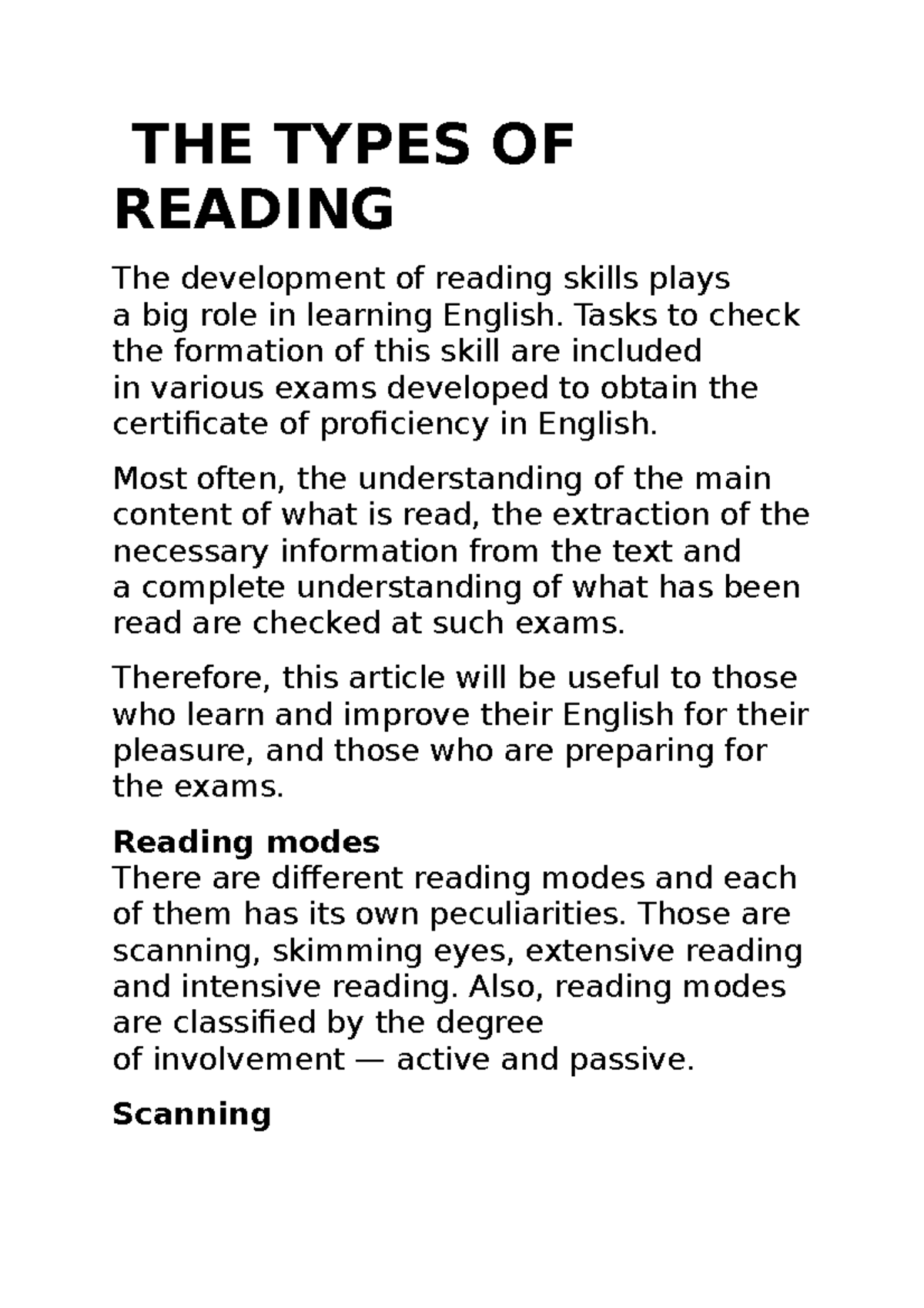THE Types OF Reading THE TYPES OF READING The Development Of Reading