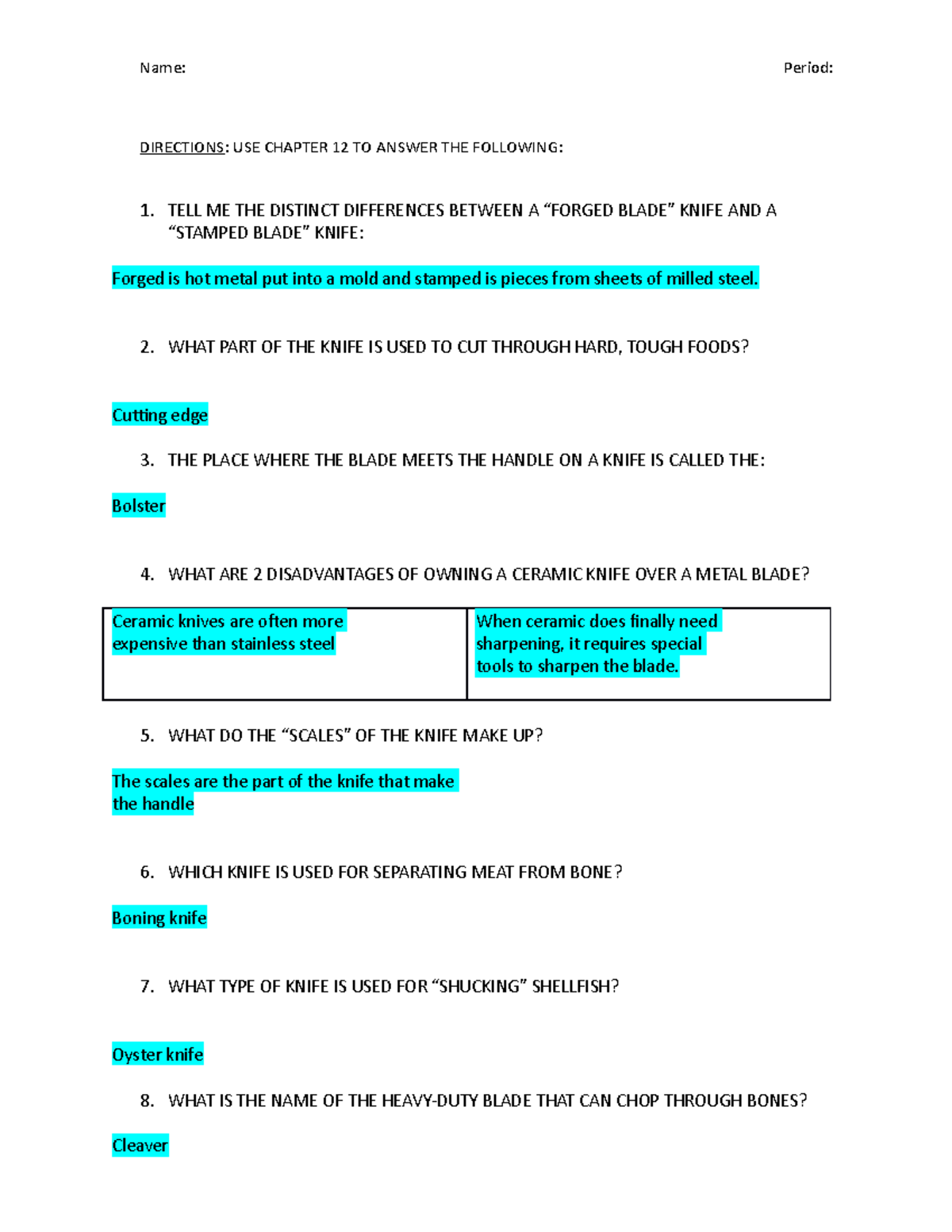 Knife Worksheet copy - Notes - Name: Period: DIRECTIONS: USE CHAPTER 12 ...