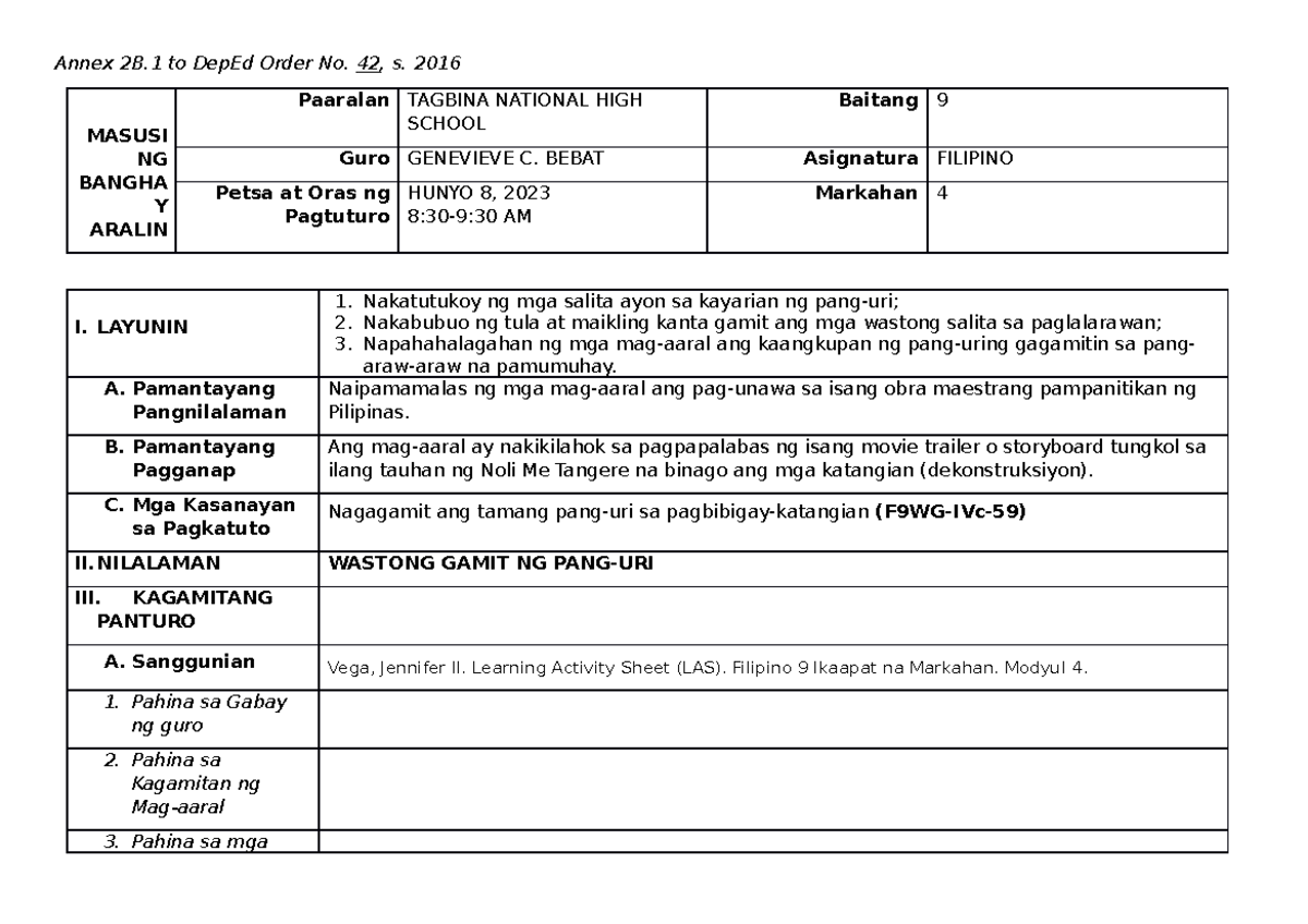 Quarter 4 LP - NONE - Annex 2B to DepEd Order No. 42 , s. 2016 MASUSI NG BANGHA Y ARALIN ...