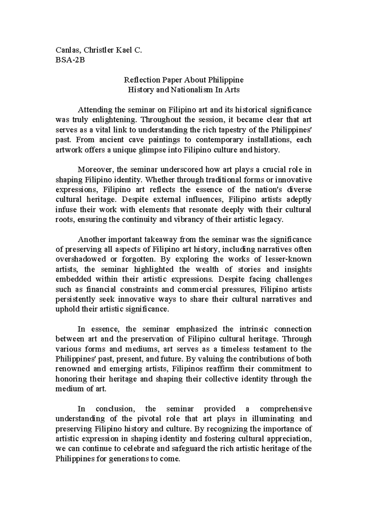 Reflection in Rizal - Canlas, Christler Kael C. BSA-2B Reflection Paper ...