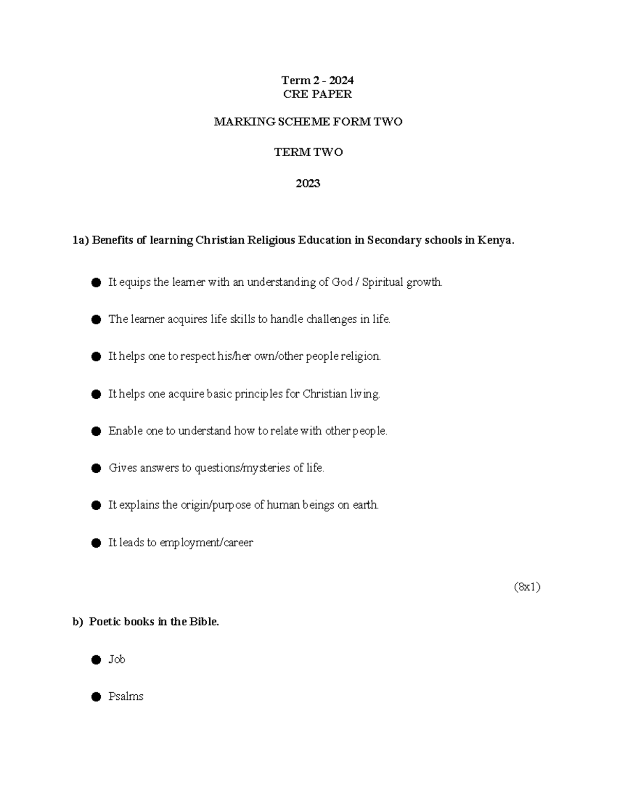 CRE - Revision materials - Term 2 - 2024 CRE PAPER MARKING SCHEME FORM ...