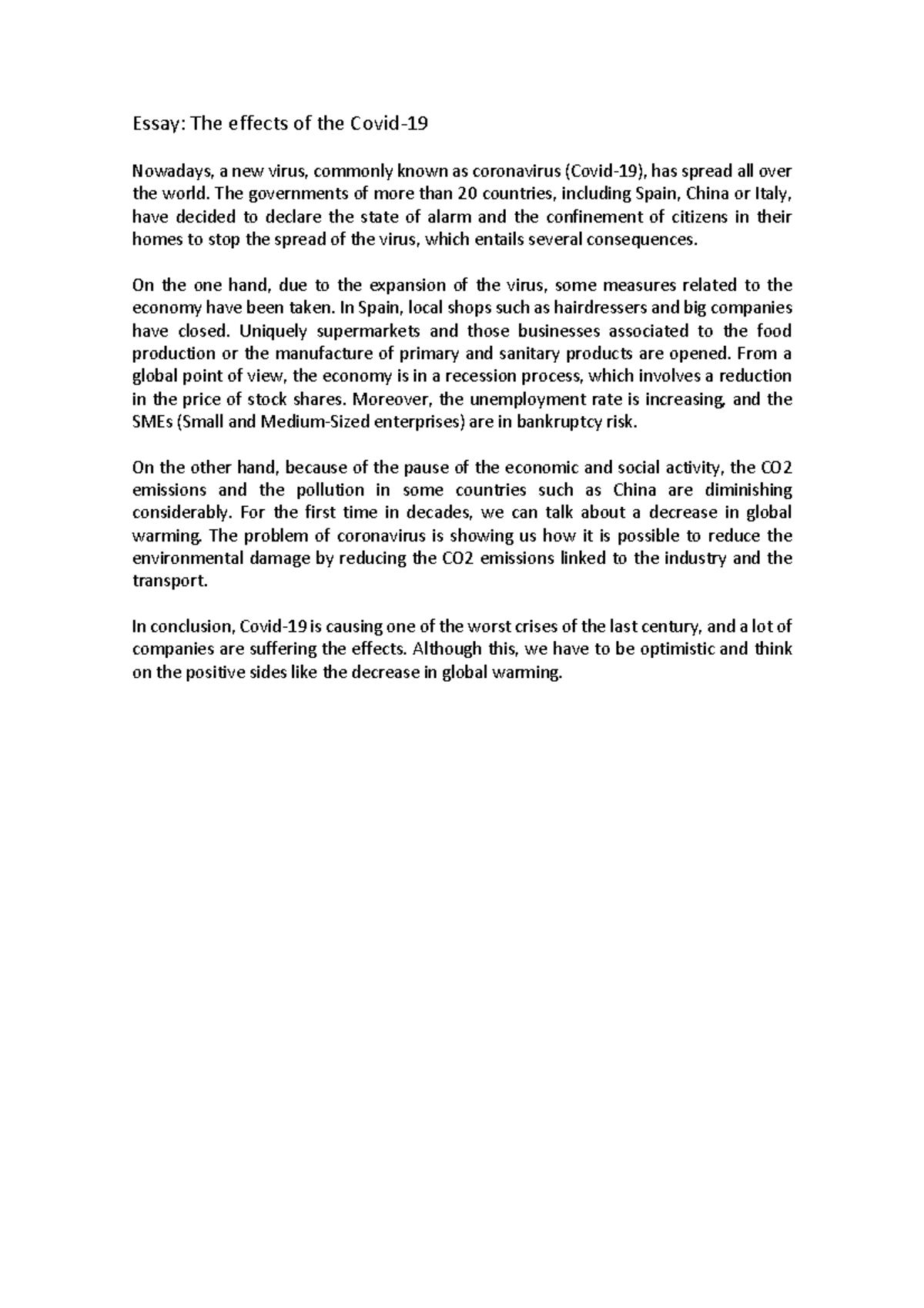 The effects of CoVid-19 writing task - Essay: The effects of the Covid ...