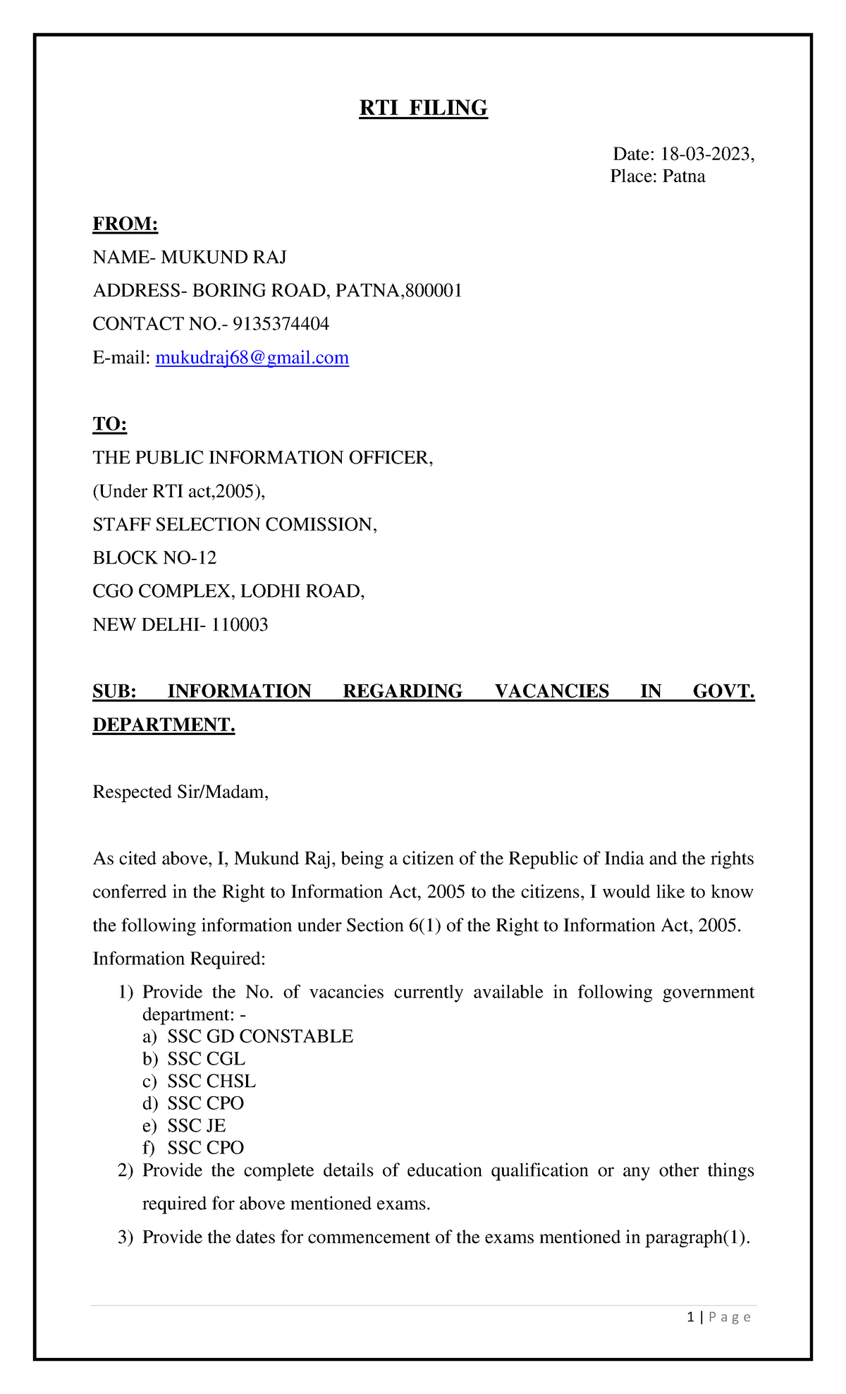 RTI Filing - RTI - 1 | P a g e RTI FILING Date: 18-03-2023, Place ...