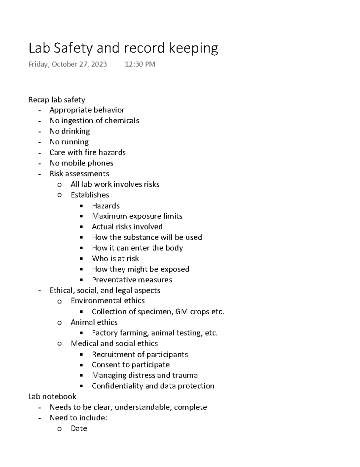 Lab Safety and record keeping - Recap lab safety Appropriate behavior ...