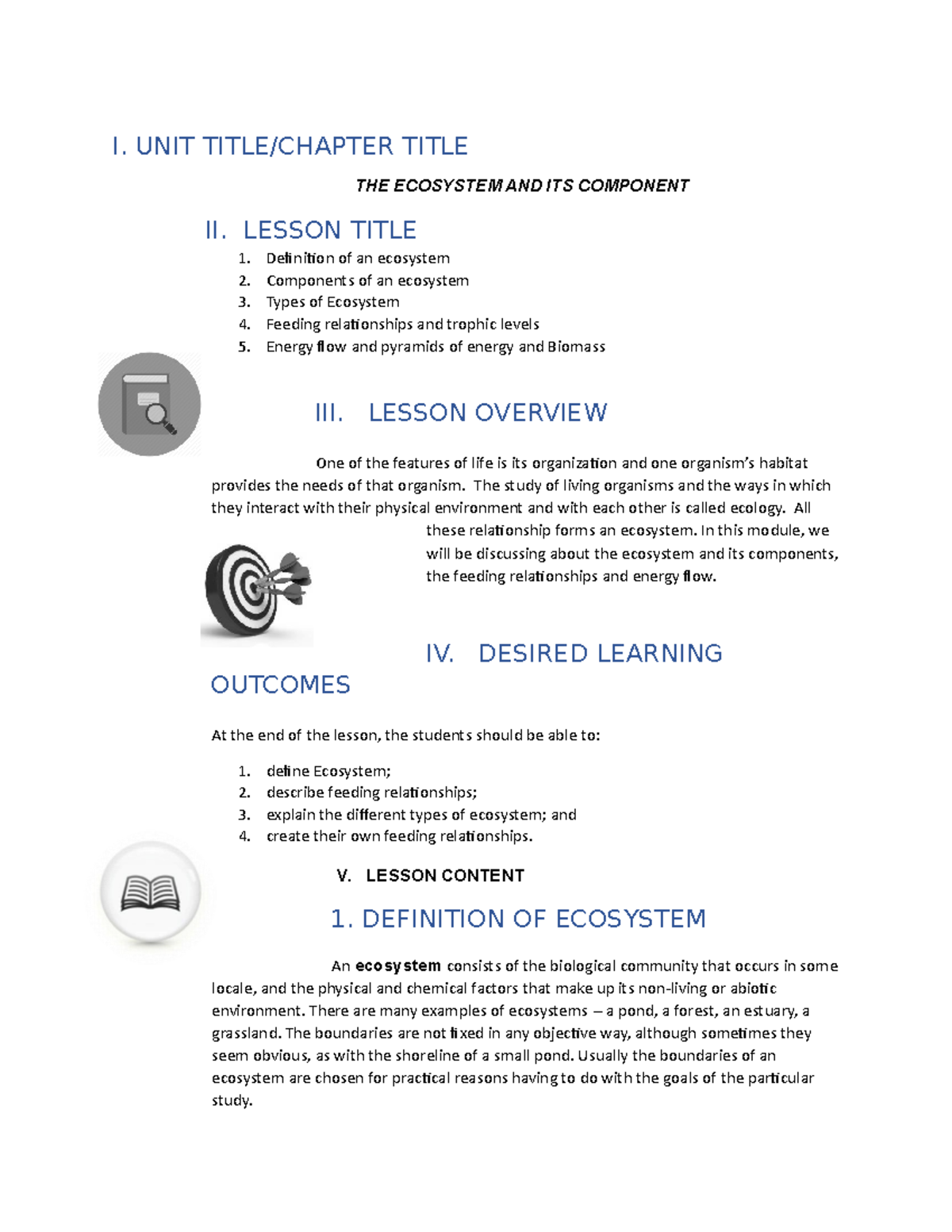 Environmental Science. Module 2. 1 - I. UNIT TITLE/CHAPTER TITLE THE ...