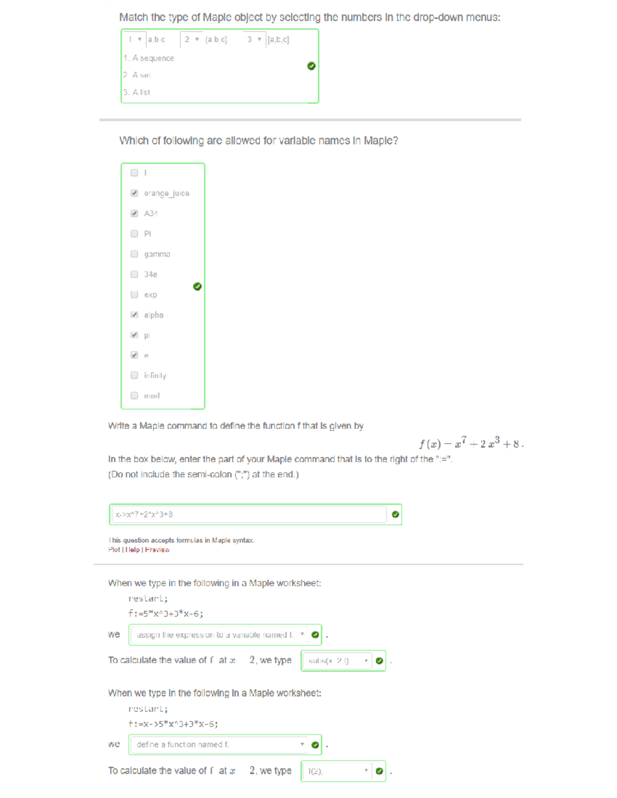 Maple Notes - Match the type of Maple object selecting the numbers in ...