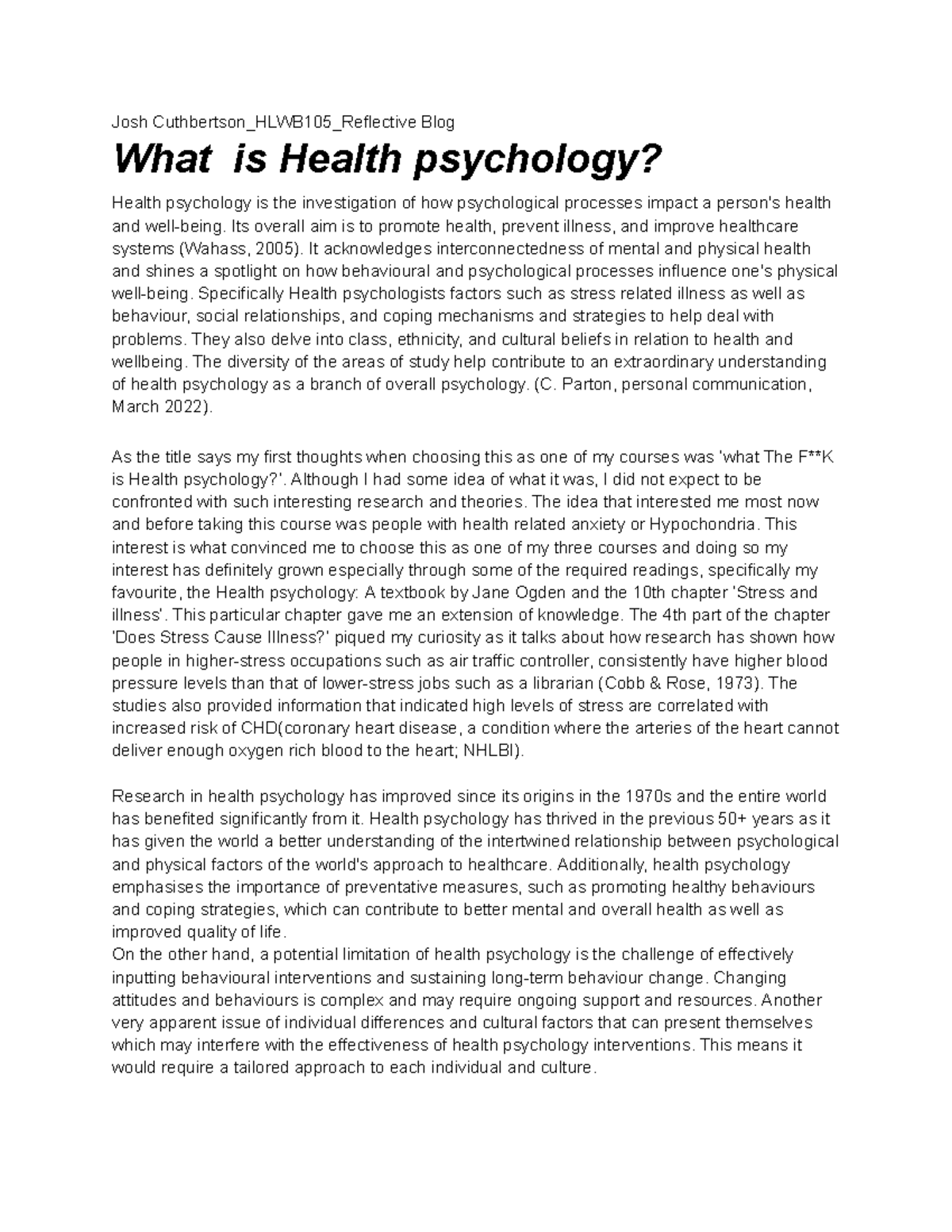 Josh Cuthbertson HLWB105 Reflective Blog - Josh Cuthbertson_HLWB105 ...