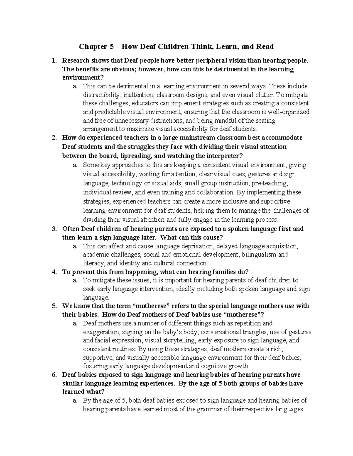 Deaf Culture Chapter 5 Questions - Chapter 5 – How Deaf Children Think ...