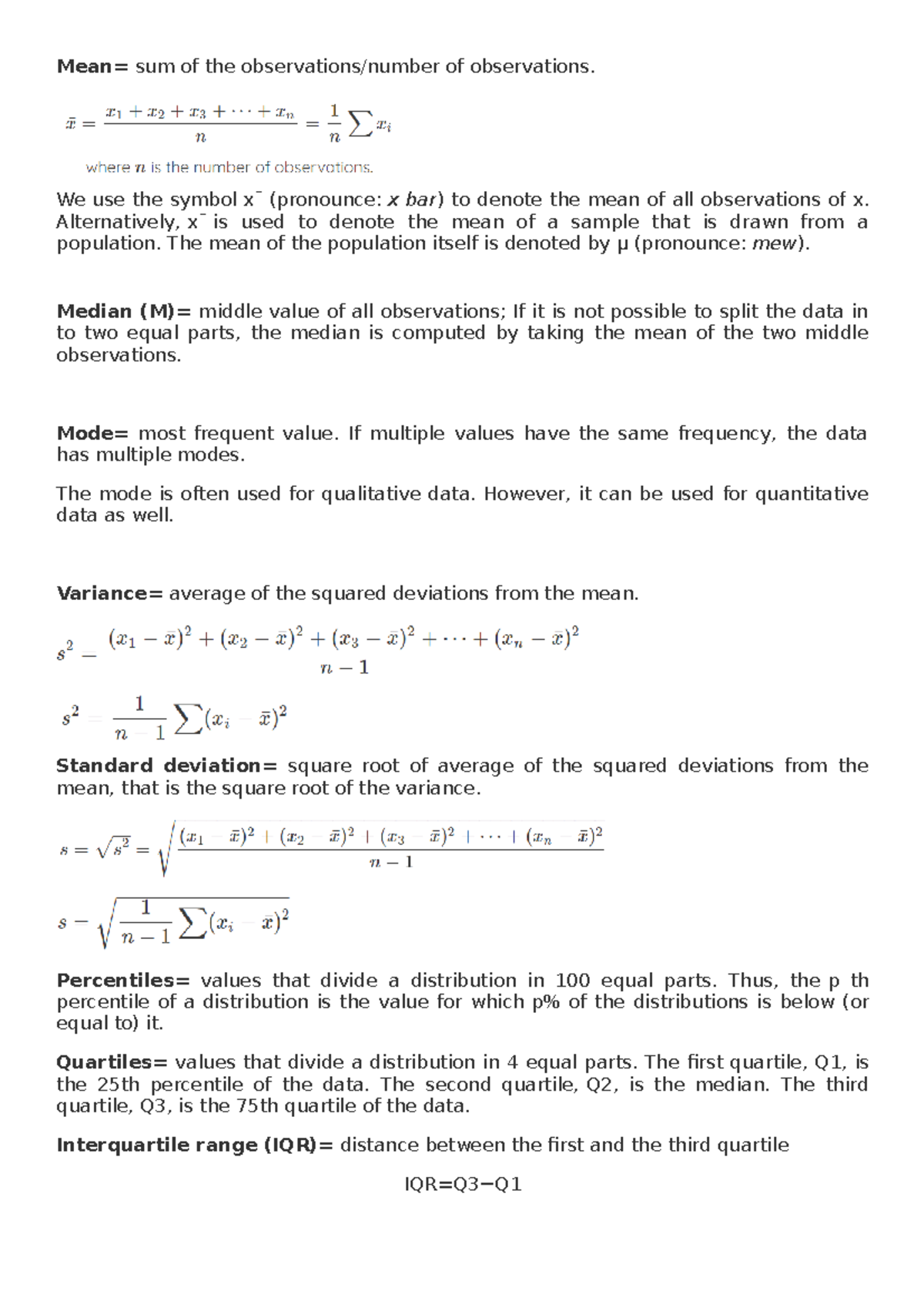 Applied Statistics 1 formulas - Mean= sum of the observations/number of ...