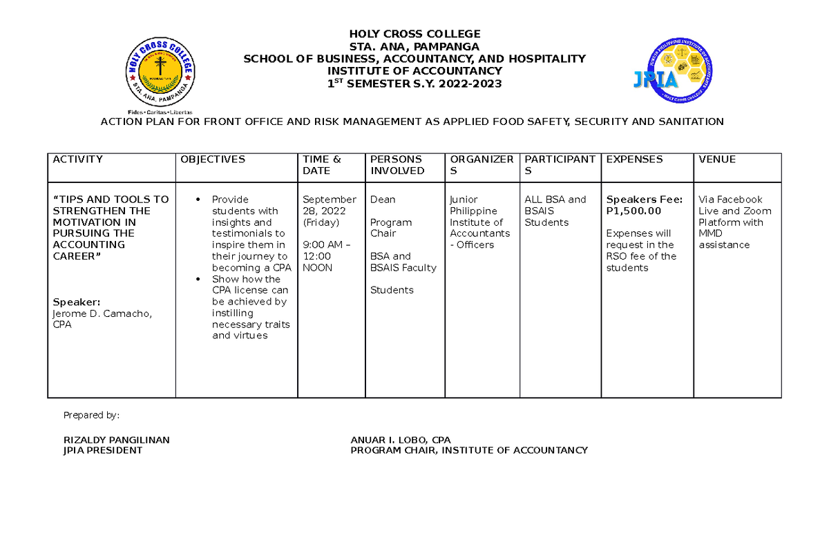 Action-Plan-JPIA - content about BSA - HOLY CROSS COLLEGE STA. ANA ...