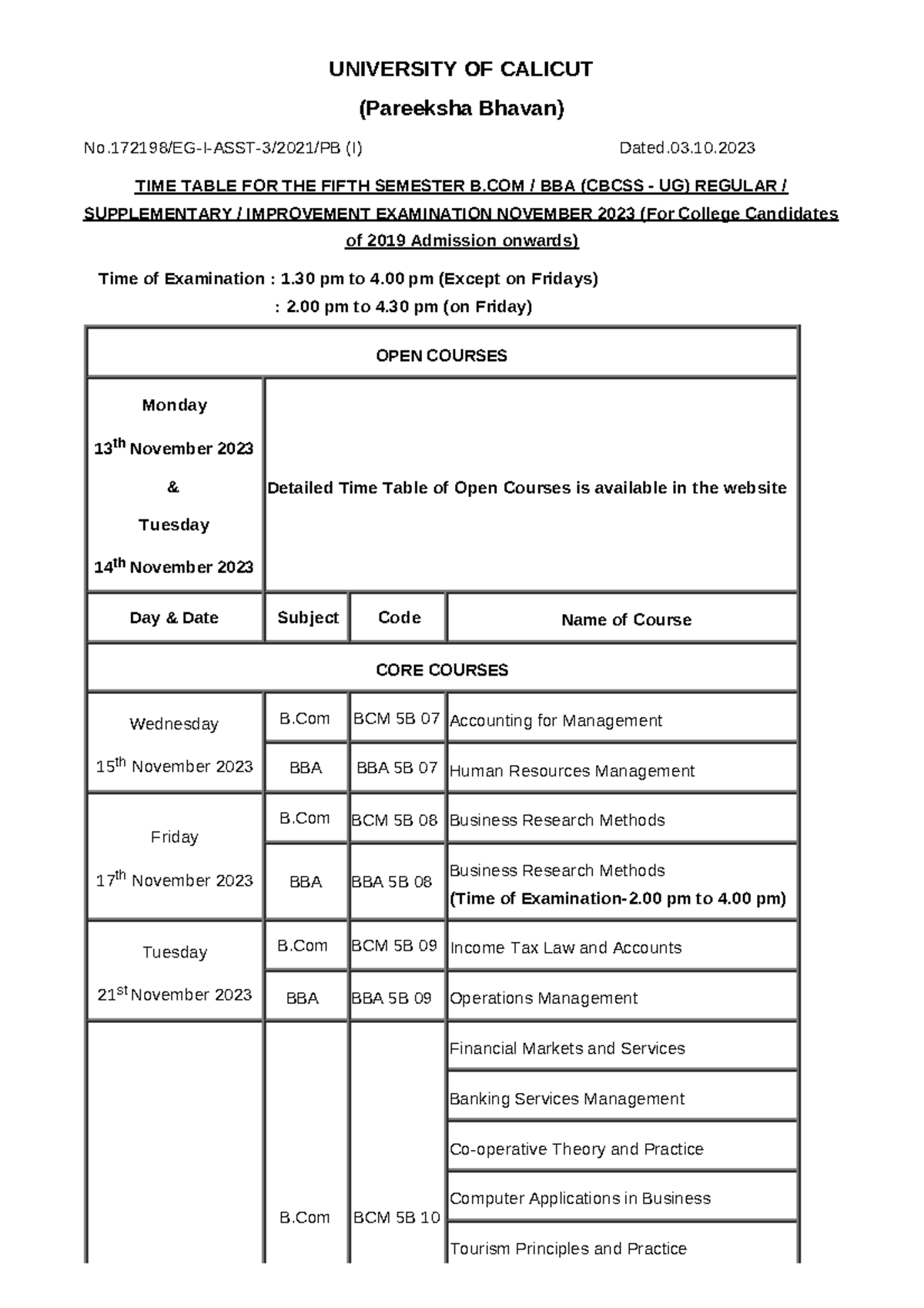 Fifth sem time table - UNIVERSITY OF CALICUT (Pareeksha Bhavan) No/EG-I ...