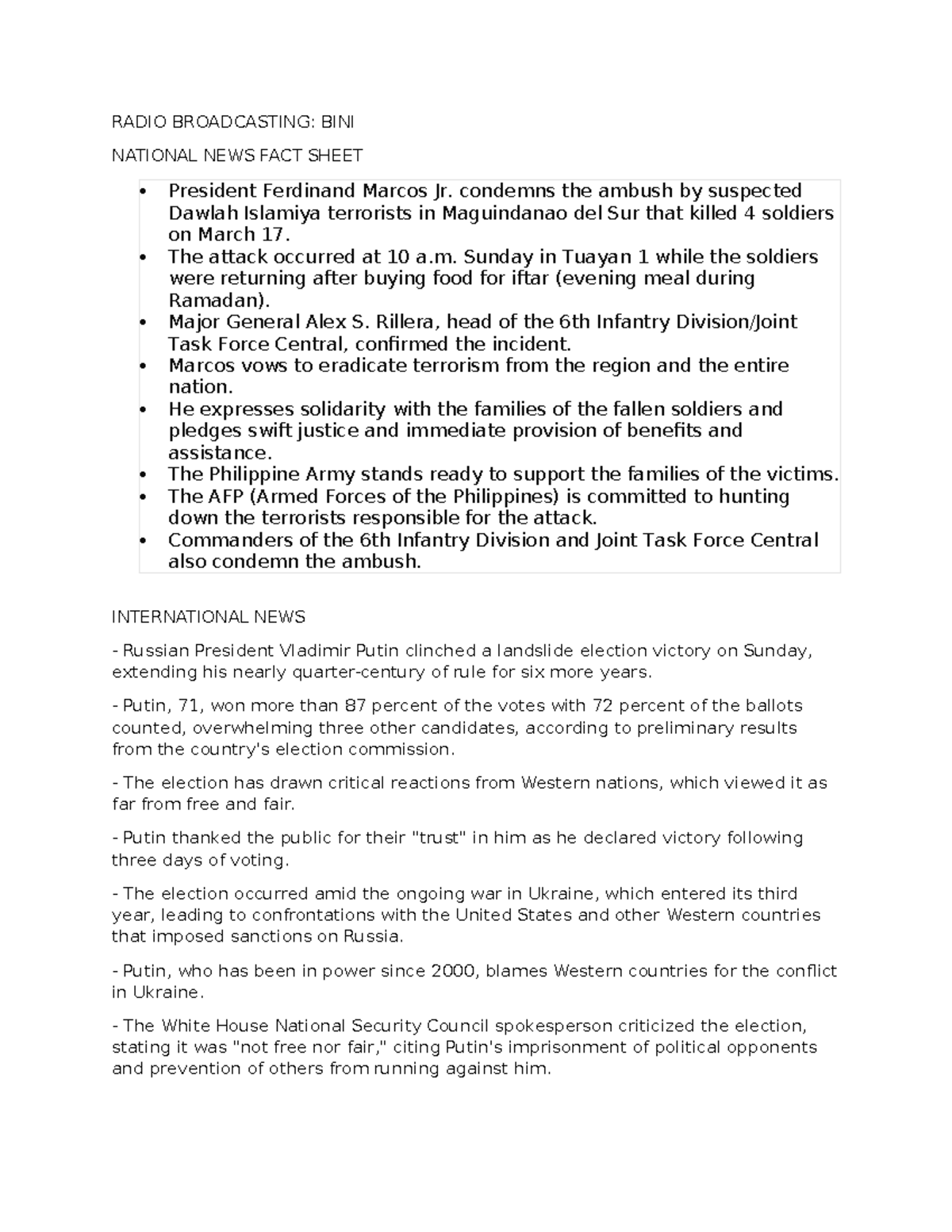 Radio Broadcasting-Fact sheet for news - RADIO BROADCASTING: BINI NATIONAL NEWS FACT SHEET - Studocu